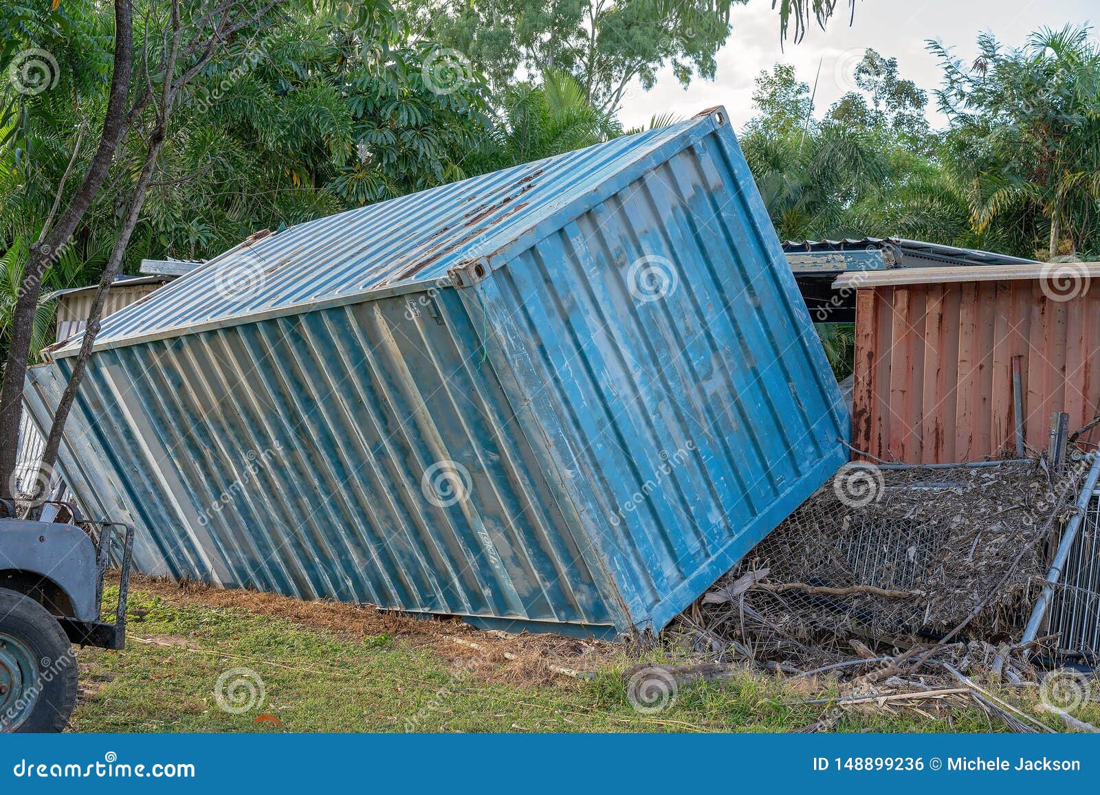 Flood Waters Pushed a Container on Its Side Stock Photo - Image of door ...