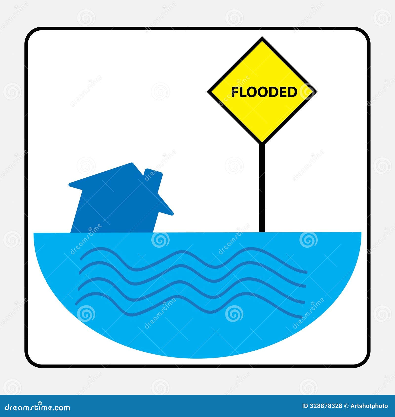 Yellow Sign with the Text Flooded and a House Sinking in High Water ...