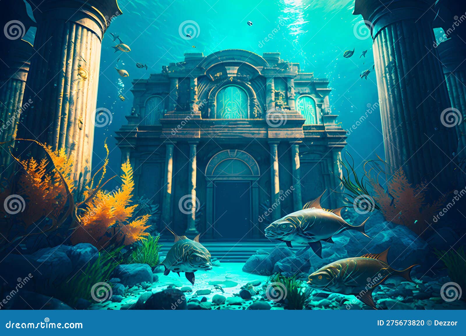 Flooded Atlantis Columns in the Ancient Empty City of Statues and ...