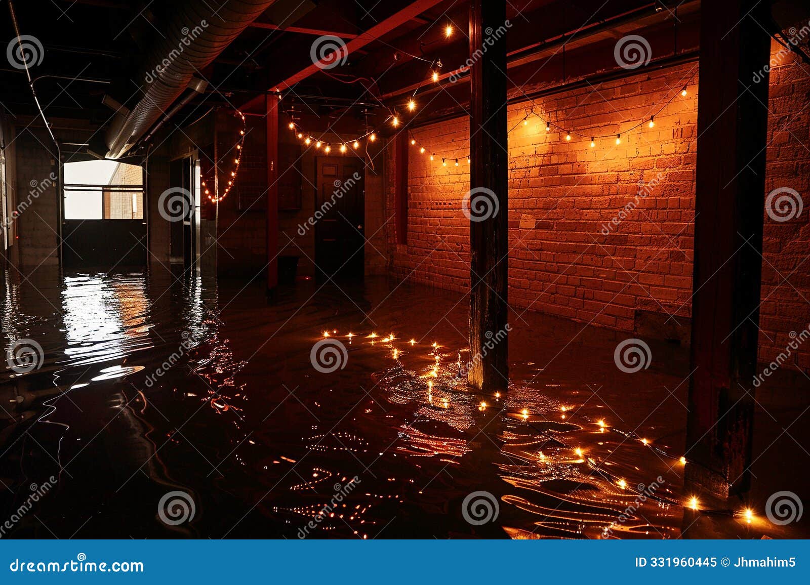 Flooded Basement with String Lights Stock Illustration - Illustration ...