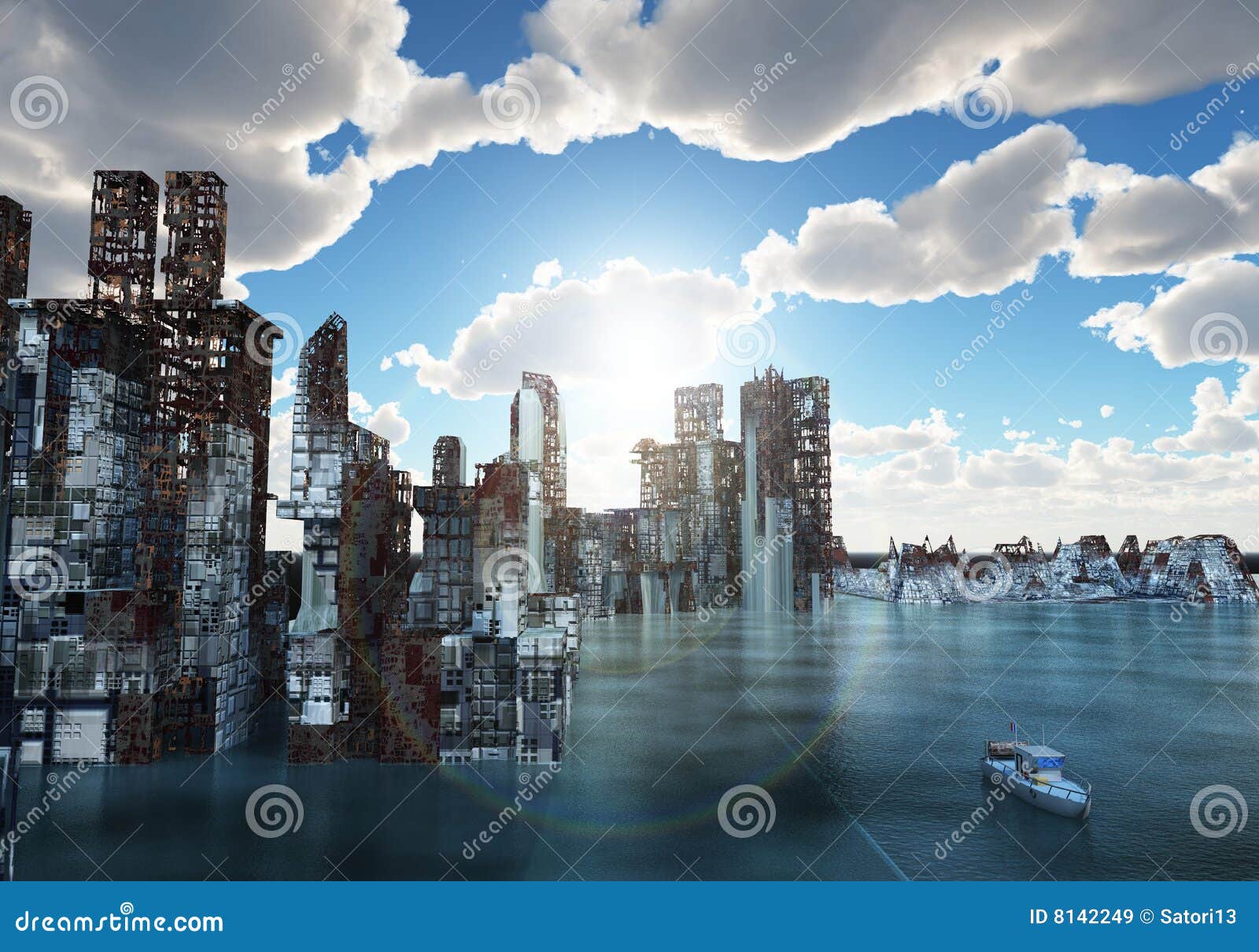 Flooded City Or Town. Houses, Cars, Trees, Road Signs Submerged ...