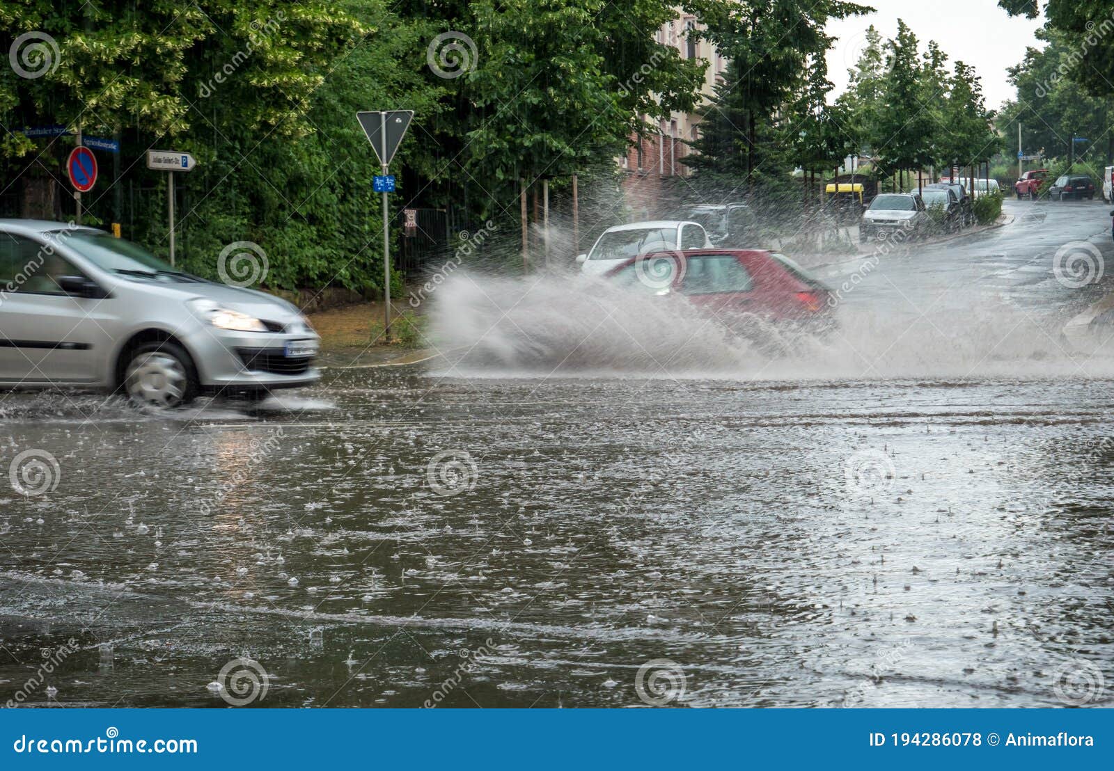 Flooded City Road with Rain Puddles Stock Photo - Image of speed ...