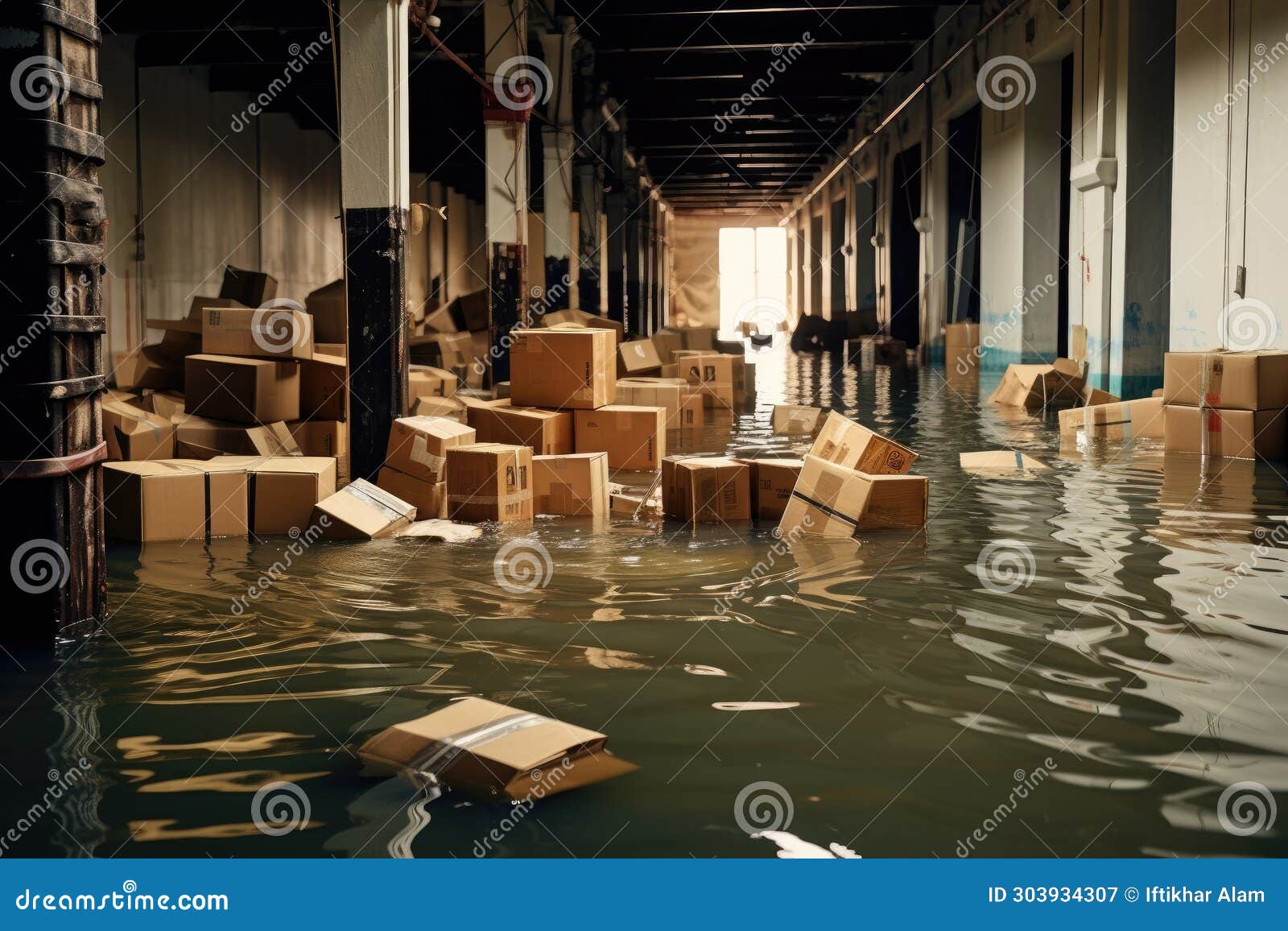 Flooded Warehouse Filled With Boxes And Boxes, Devastating Water Damage ...