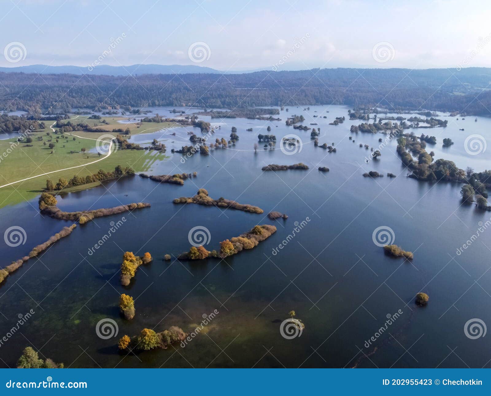 Flooded Valley Green Fields and Trees Forest Stock Image - Image of ...