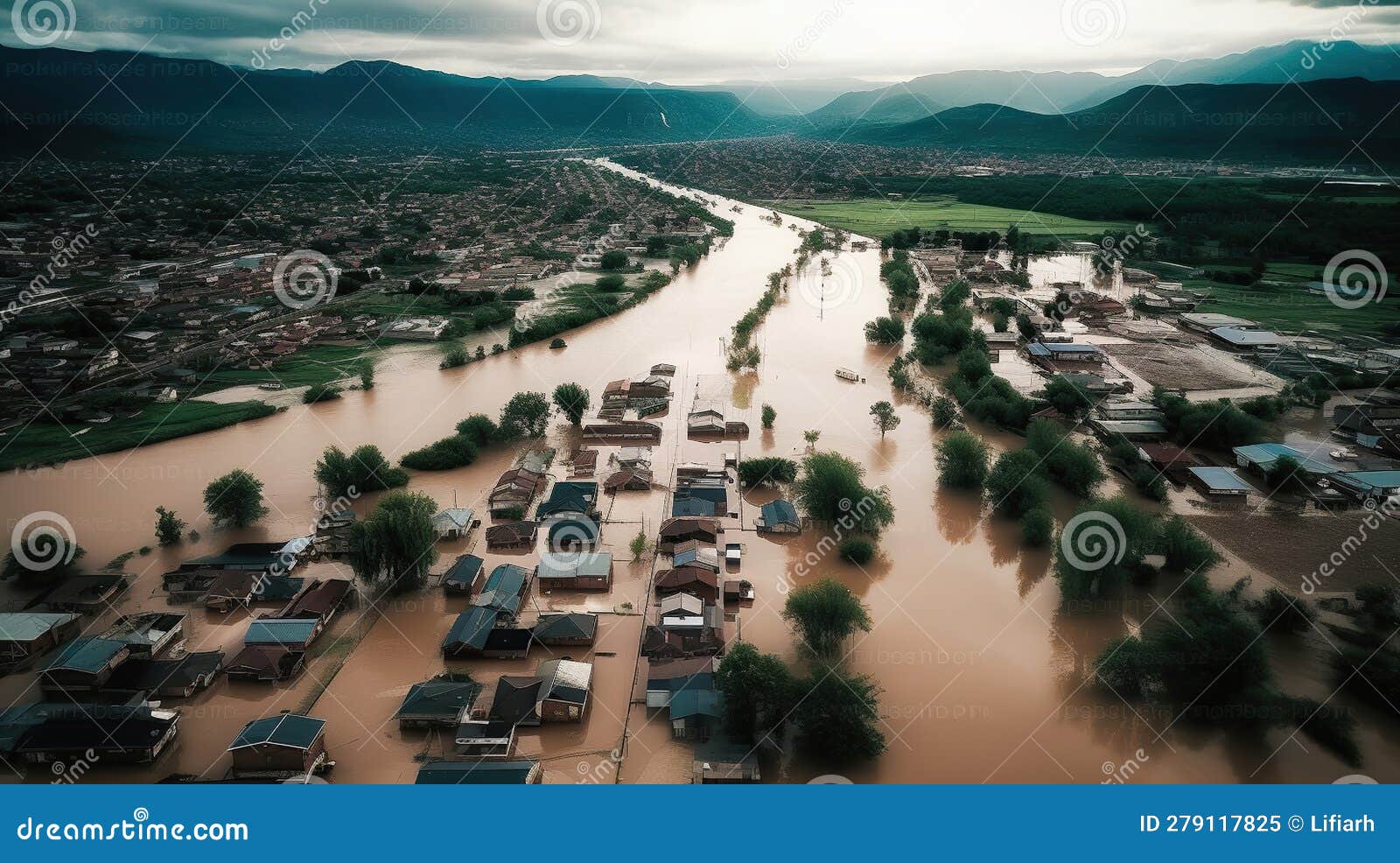 Flooding Causes Devastation, Aerial View of Small City after a Storm ...