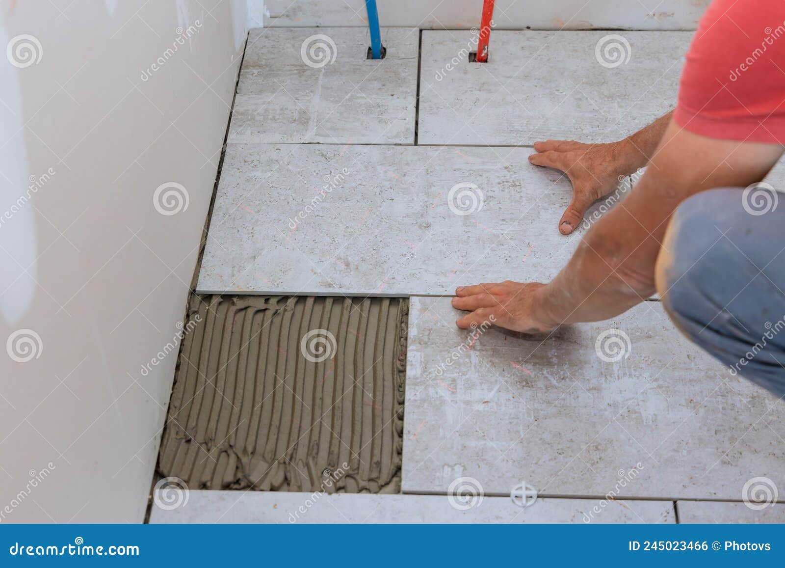 Floor Ceramic Tile Installation with Home Construction Working Stock ...