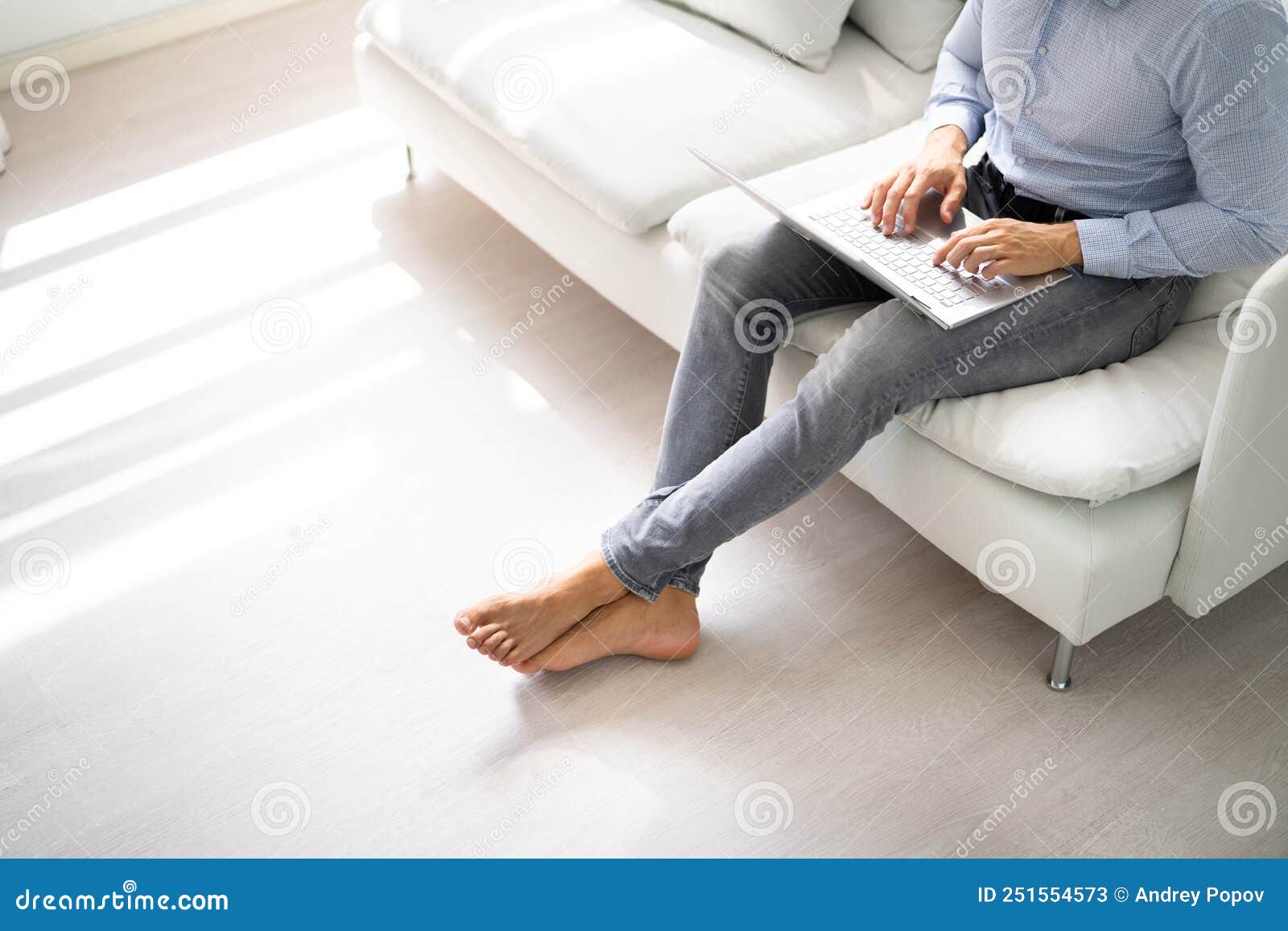 Floor Heating. Barefoot Man Person Using Computer Stock Image - Image ...
