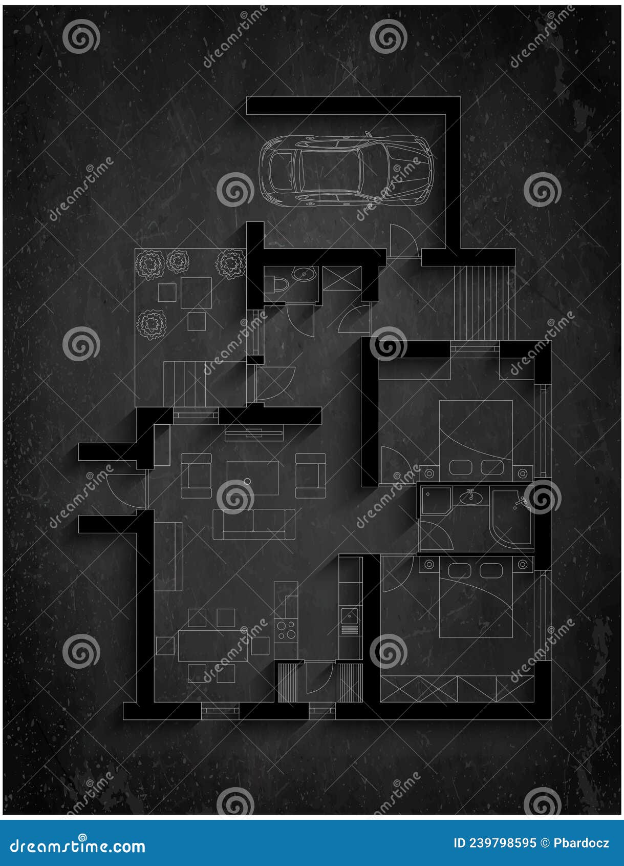 Floor Plan Of House, On Blackboard Background. Cartoon Vector ...