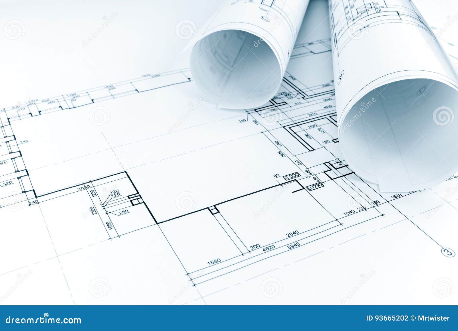 Floor Plan Drawing with Rolls of Architect Blueprints Stock Photo ... Floor Plan Drawing with Rolls of Architect Blueprints Stock Photo ...