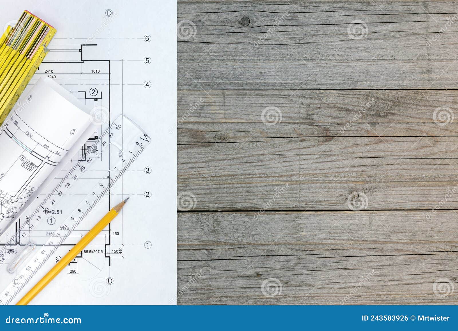 Floor Plan, Ruler and Pencil on Wooden Table Stock Photo - Image of ...