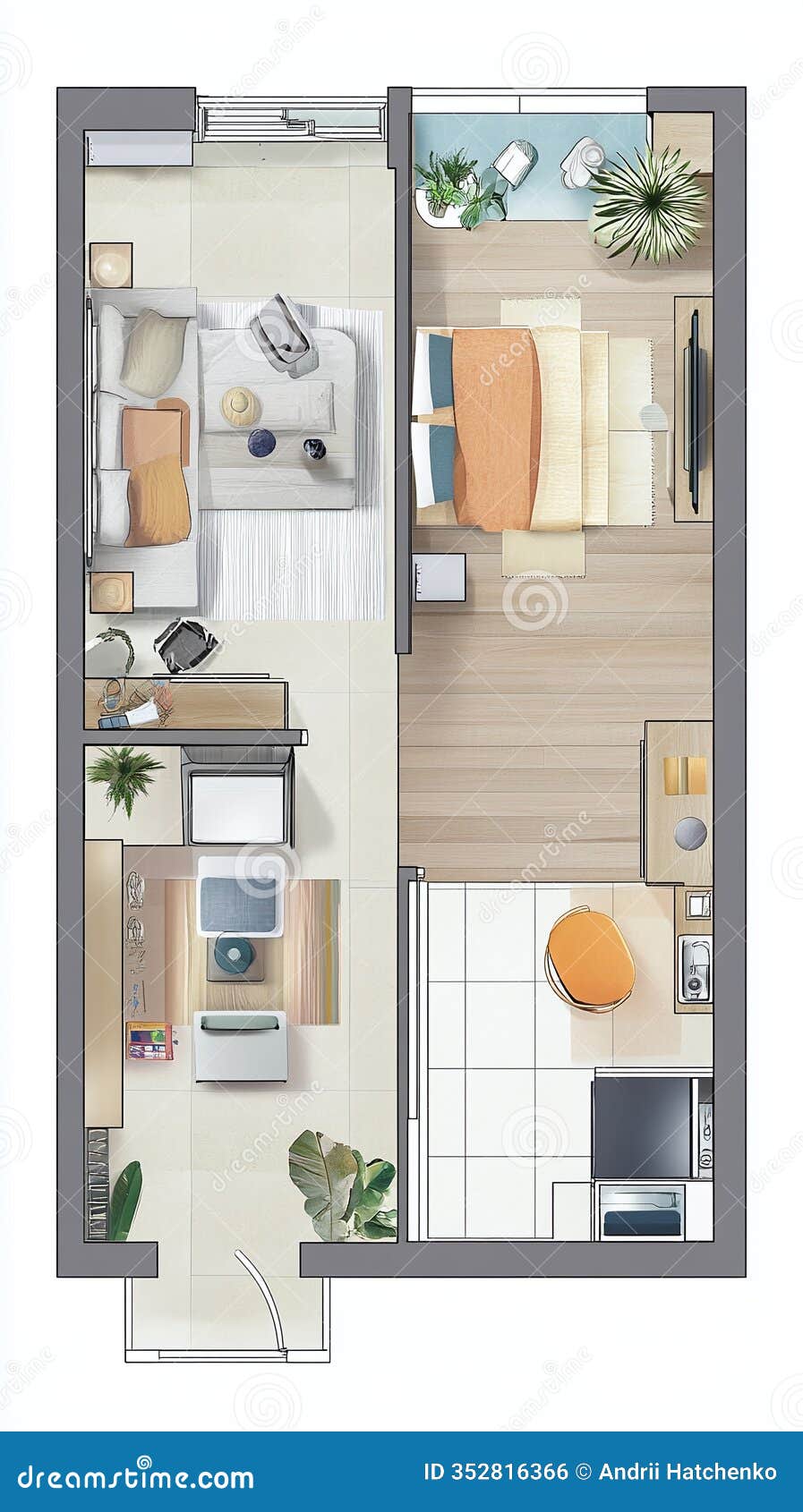 Floor Plan of a Small Apartment with a Studio-style Layout and Smart ...