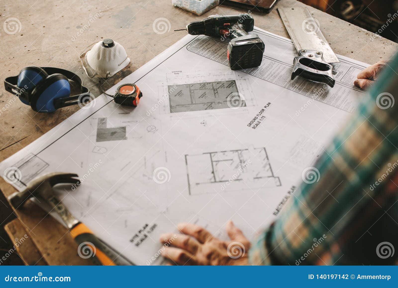 Floor Plan on Table with Carpentry Tools Stock Photo - Image of person ...