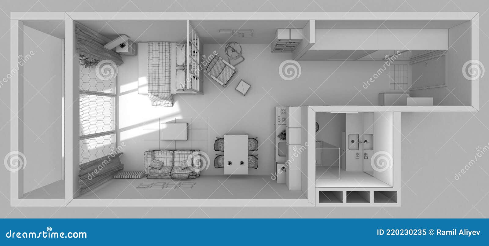 Compact Apartment Interior Top View Grid 3D Render Stock Illustration ...