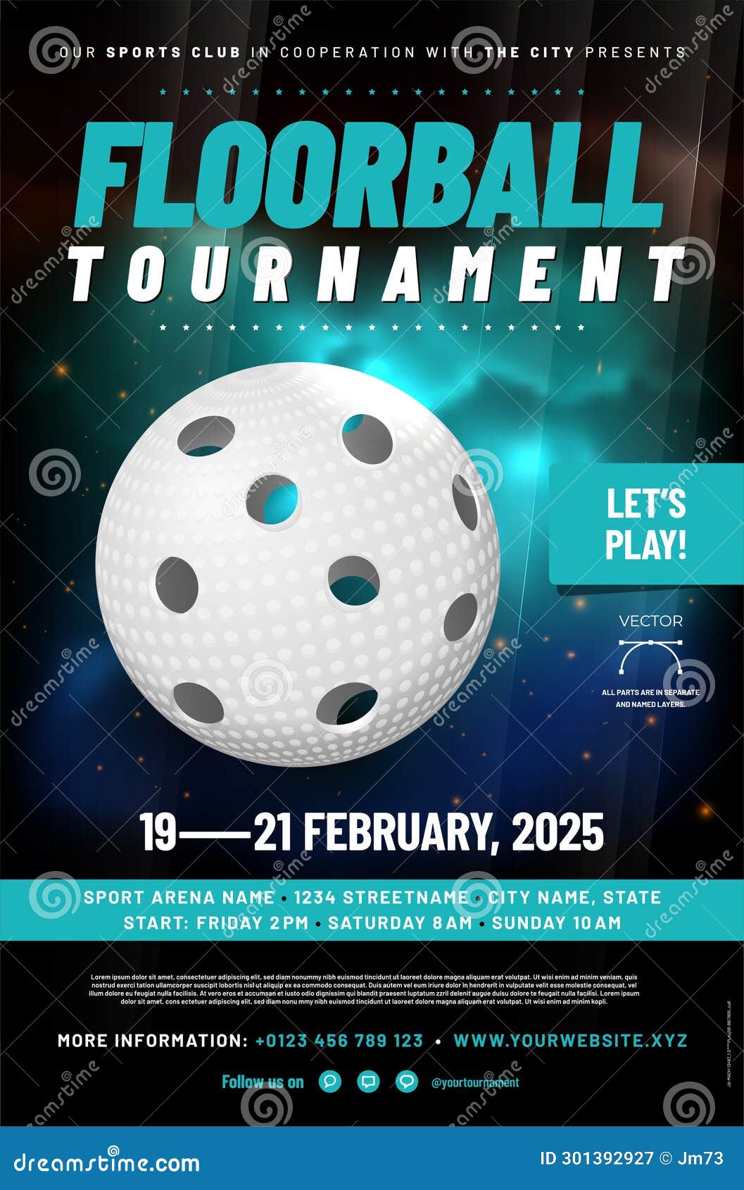 Floorball Tournament Poster Template with Ball and Sample Text Stock ...