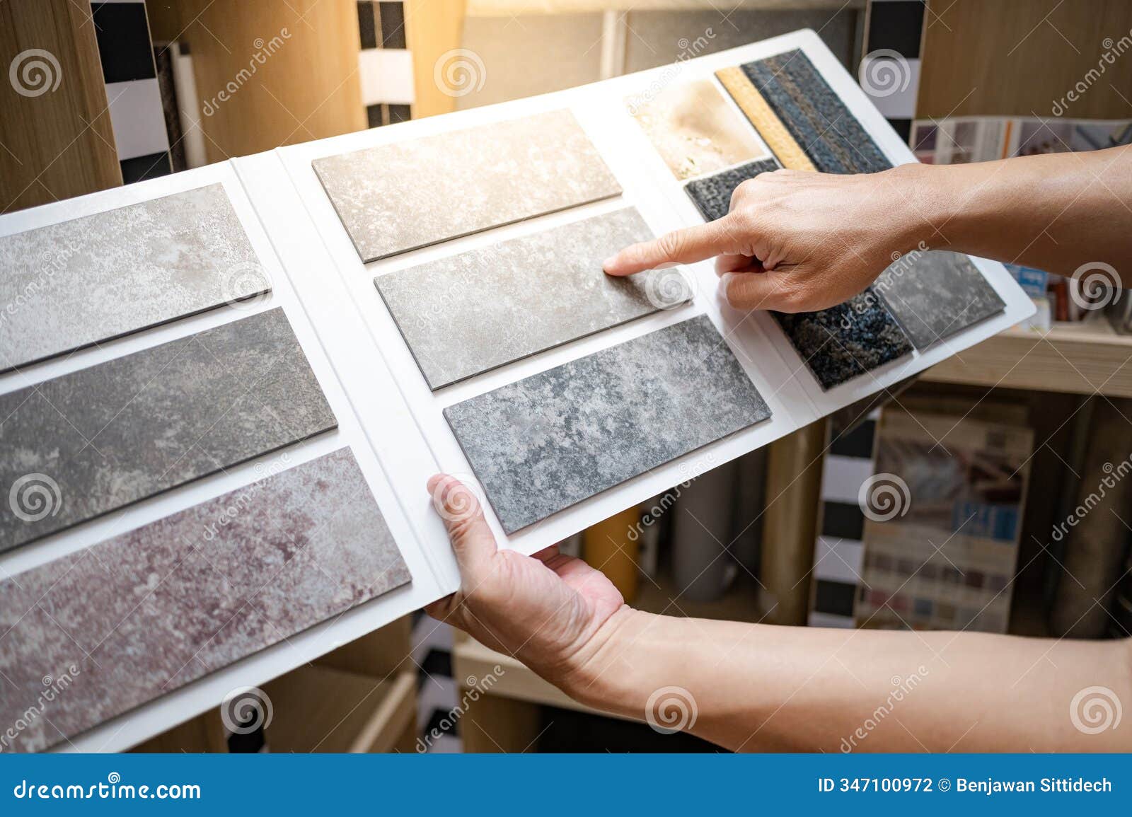 Flooring Material Design Collection. Designer Hand Pointing at Stone ...