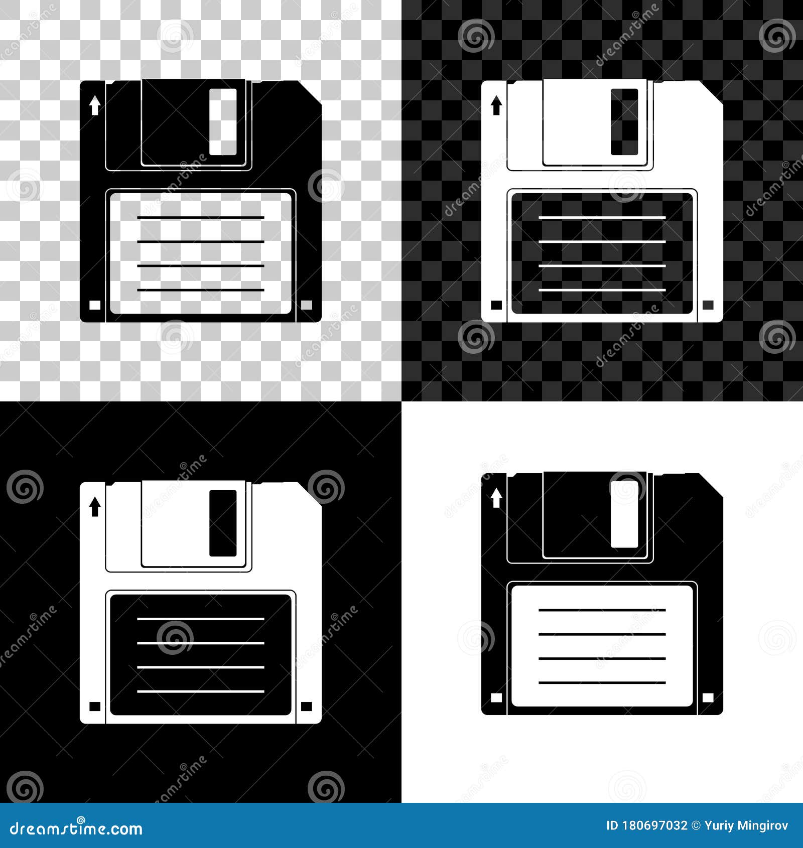 Floppy Disk for Computer Data Storage Icon Isolated on Black, White and ...