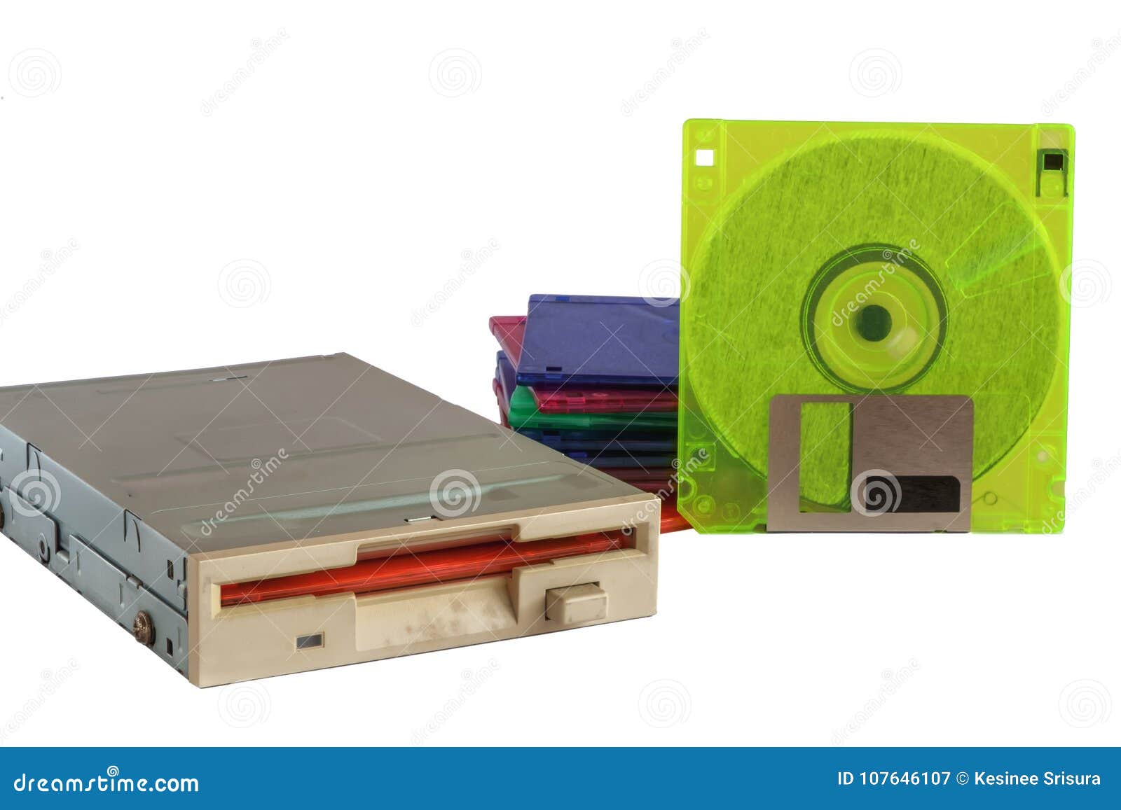 Floppy Disk Drive and Diskettes on White Background Stock Image - Image ...