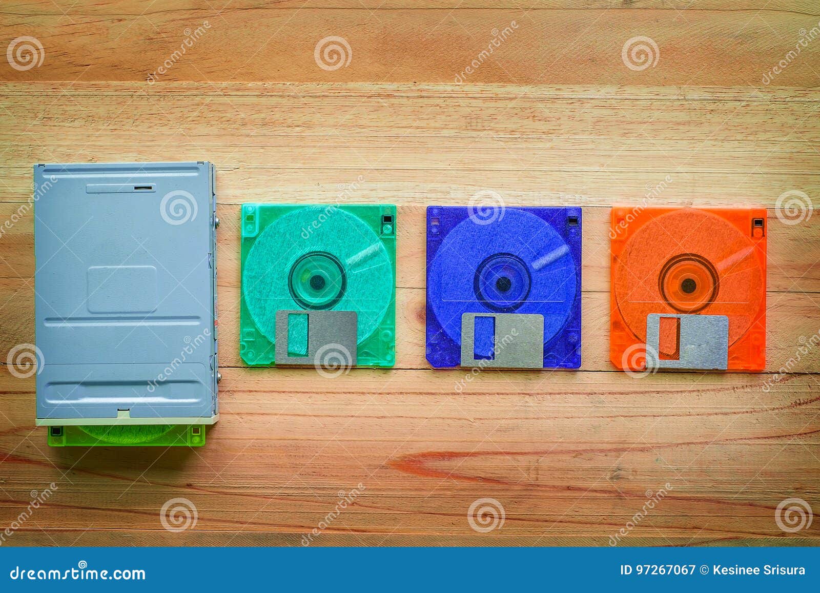 Floppy Disk Drive and Diskettes on Wooden Table Stock Image - Image of ...