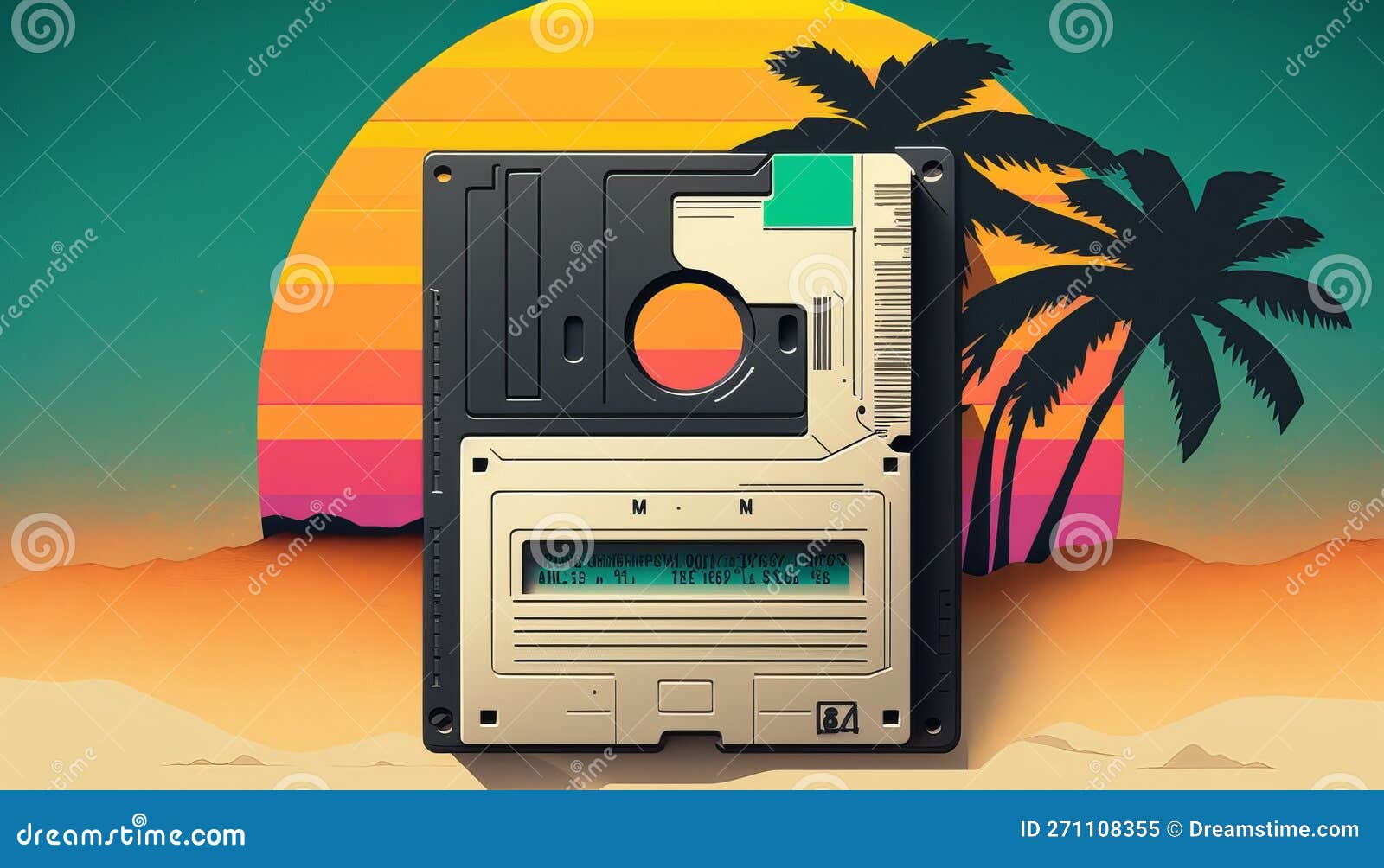 Floppy Disk with Palm 90s. Modern Collage in Retro Colors for Party ...