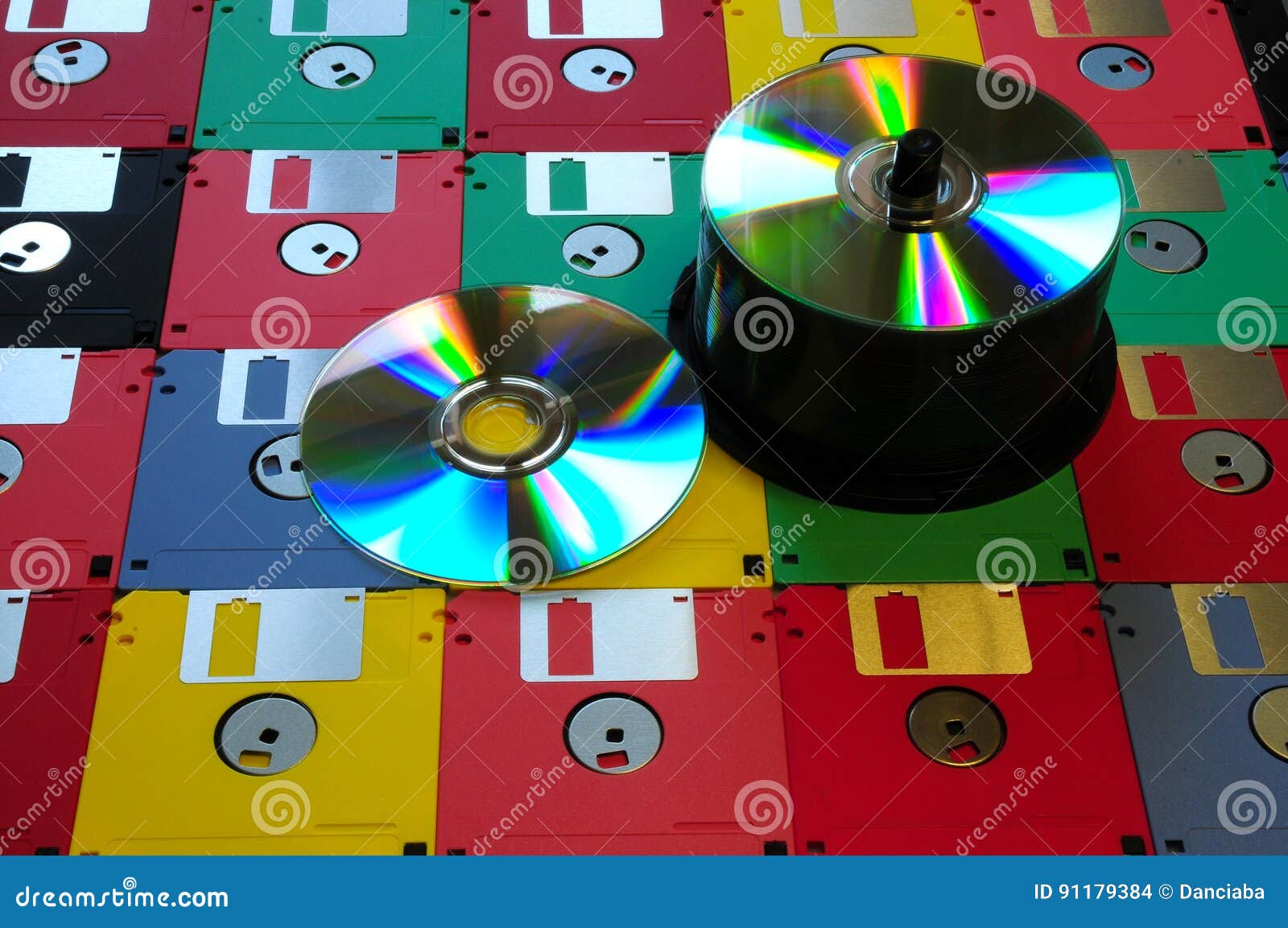 3.5 Floppy Disks of Various Colors with Modern DVD Stock Photo - Image ...