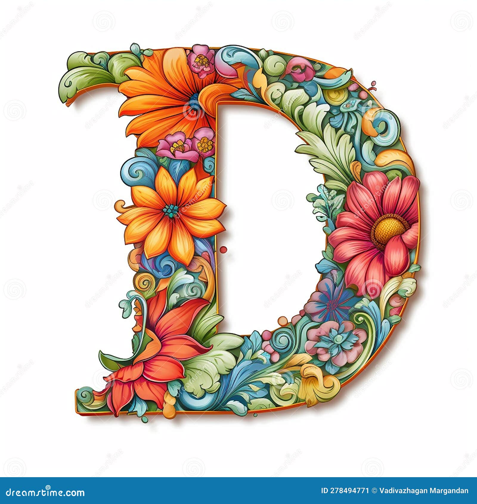 Floral alphabet D stock illustration. Illustration of drawing - 278494771