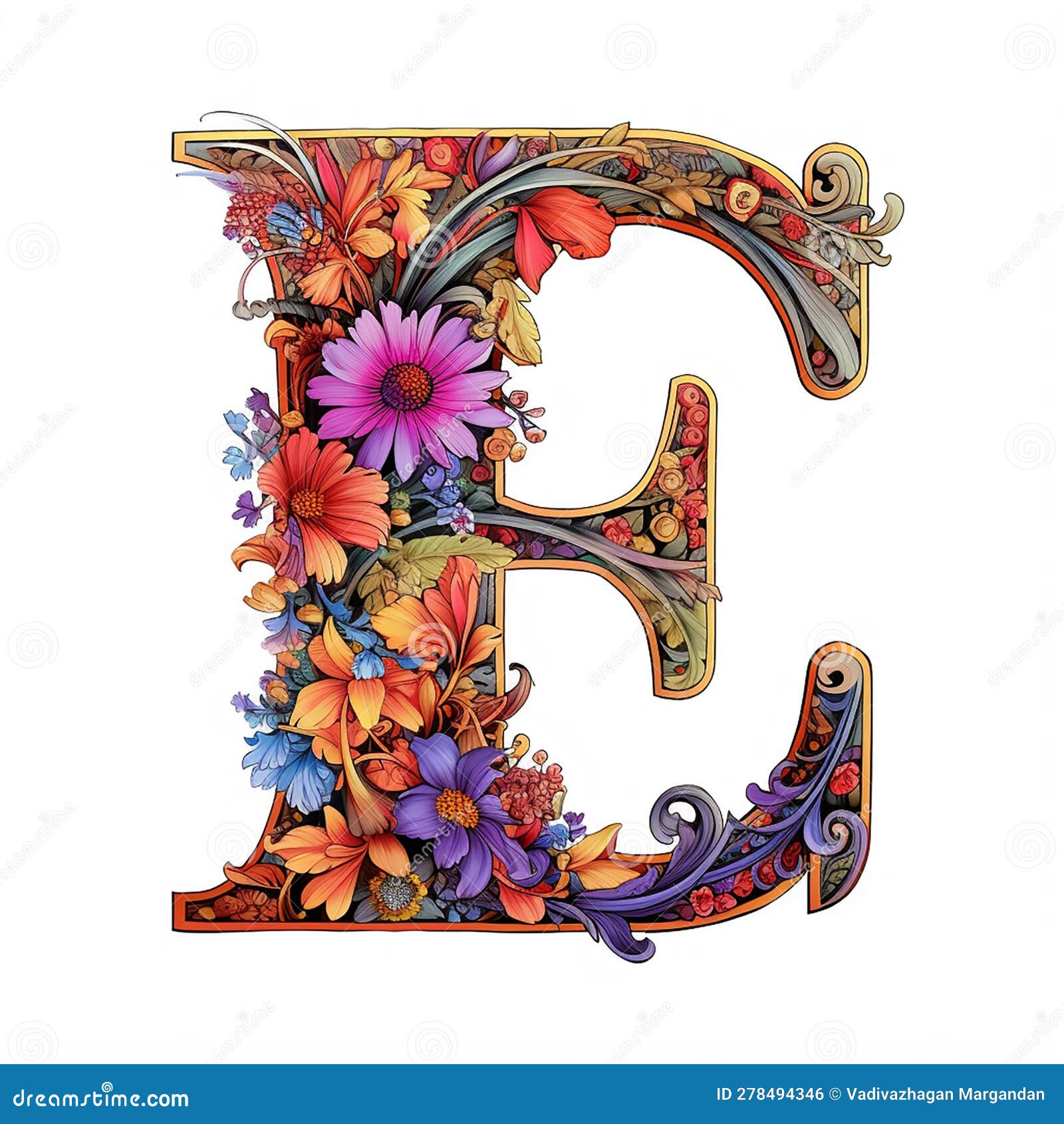 Floral alphabet E stock illustration. Illustration of alphabet - 278494346