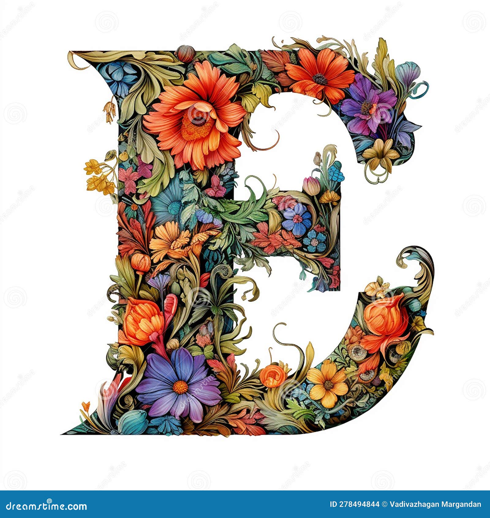 Floral alphabet E stock illustration. Illustration of drawing - 278494844