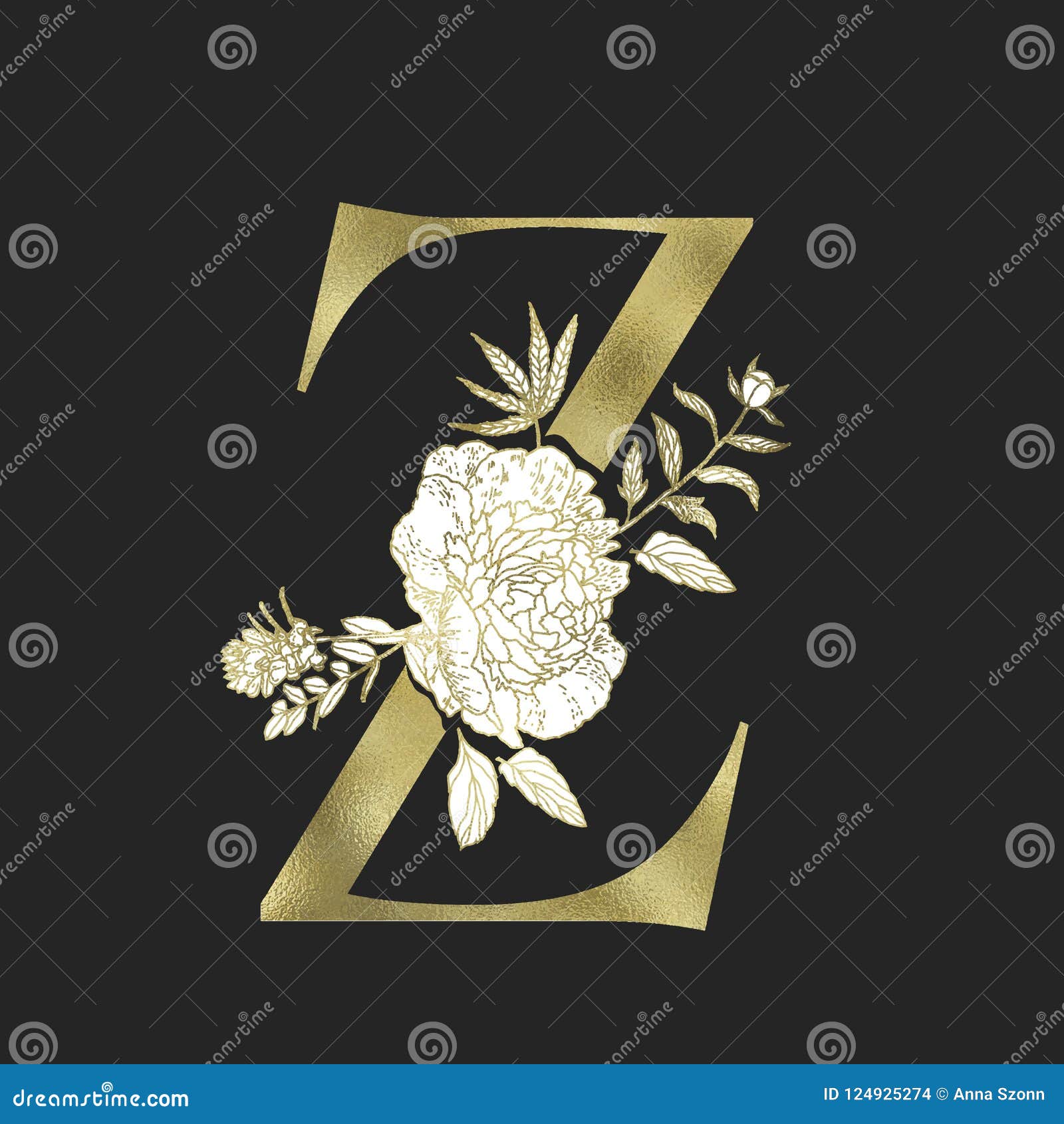 Floral Alphabet and Gold Serif Letter. Vector. Stock Vector ...