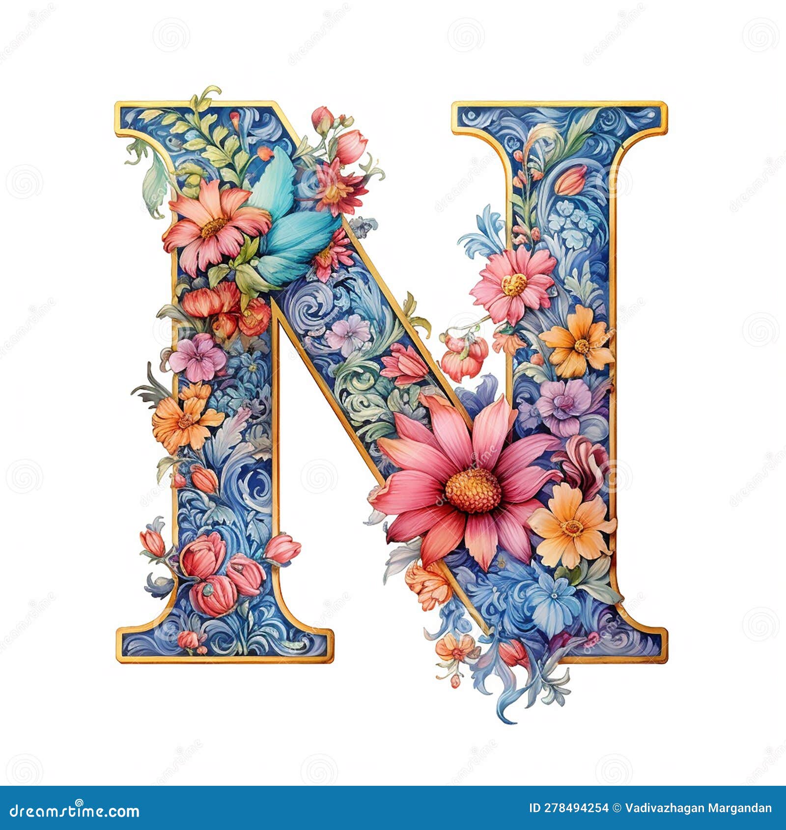 Floral alphabet N stock illustration. Illustration of letter - 278494254