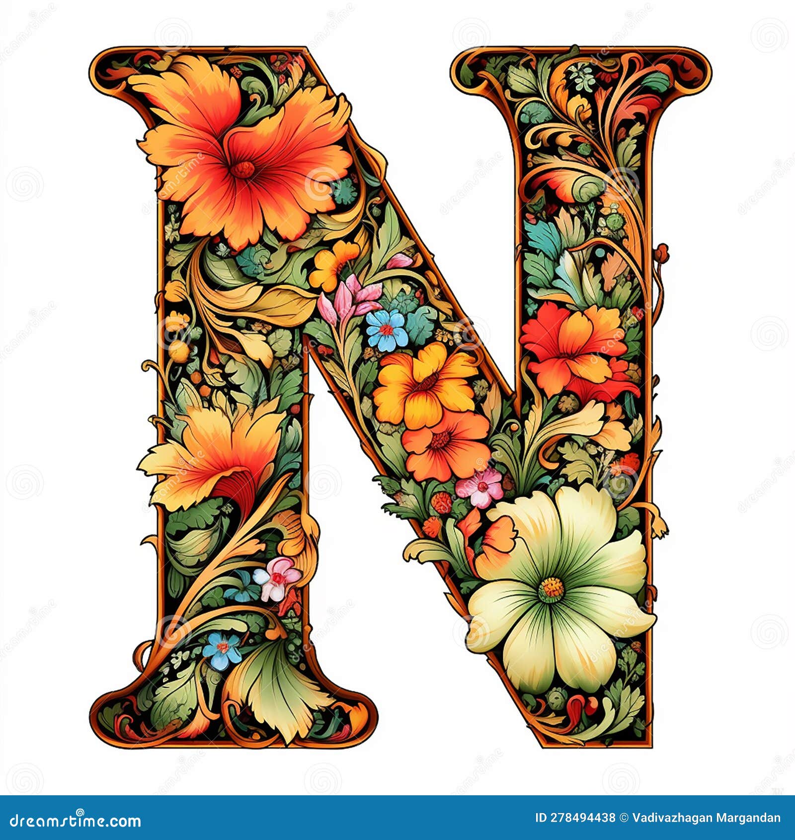 Floral alphabet N stock illustration. Illustration of flowers - 278494438