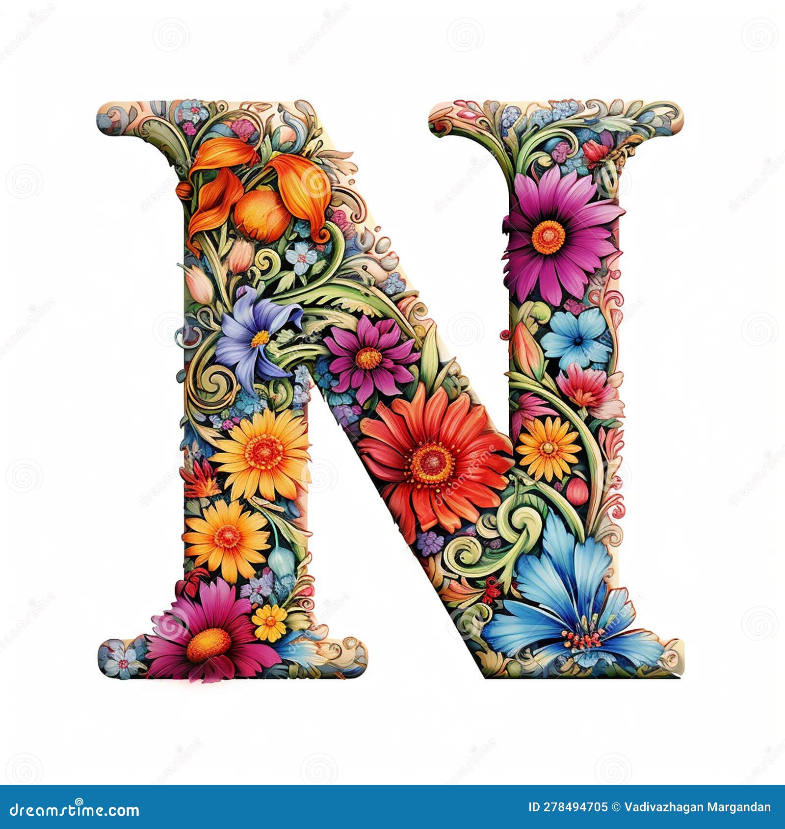 Floral alphabet N stock illustration. Illustration of peach - 278494705