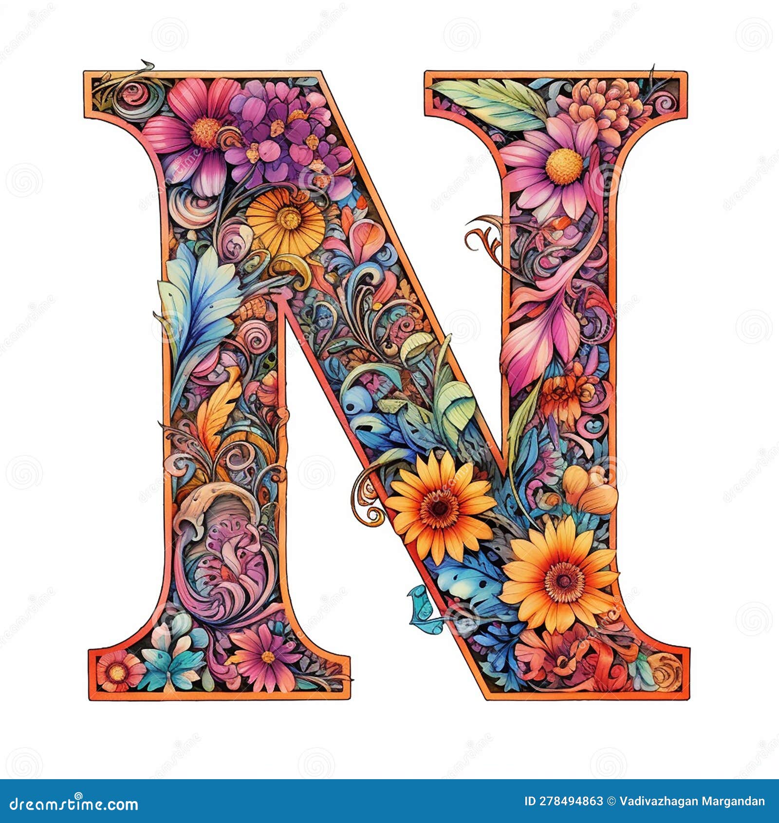 Floral alphabet N stock illustration. Illustration of collection ...
