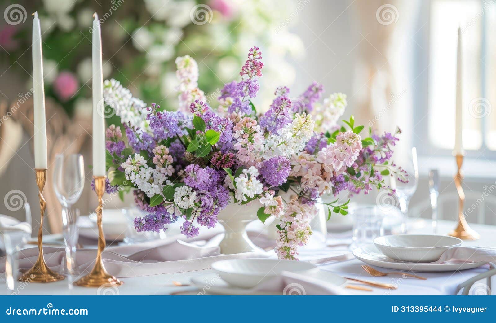 A Floral Arrangement Featuring Lilacs and Laburnums on a Dining Table ...