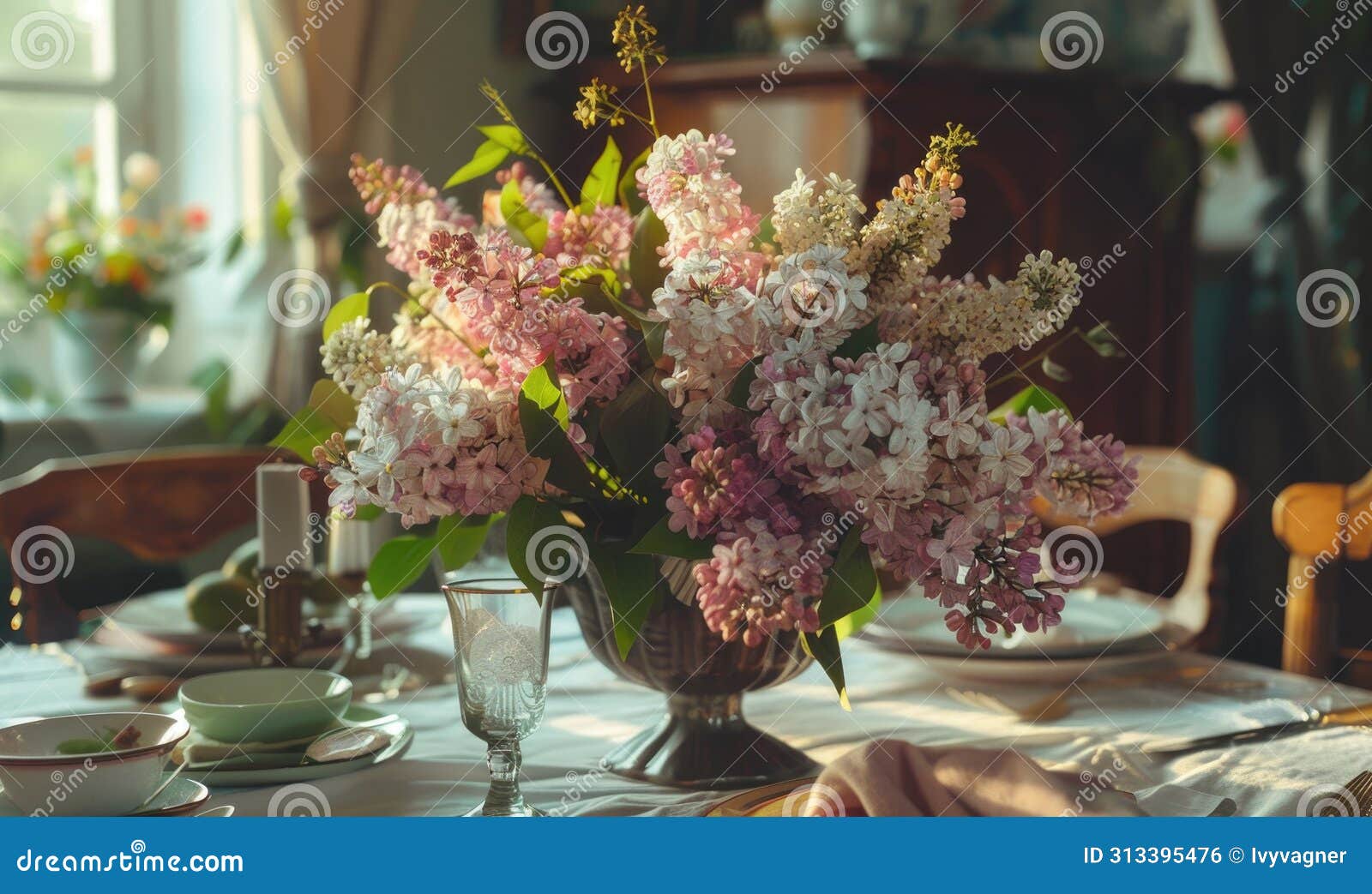 A Floral Arrangement Featuring Lilacs and Laburnums on a Dining Table ...