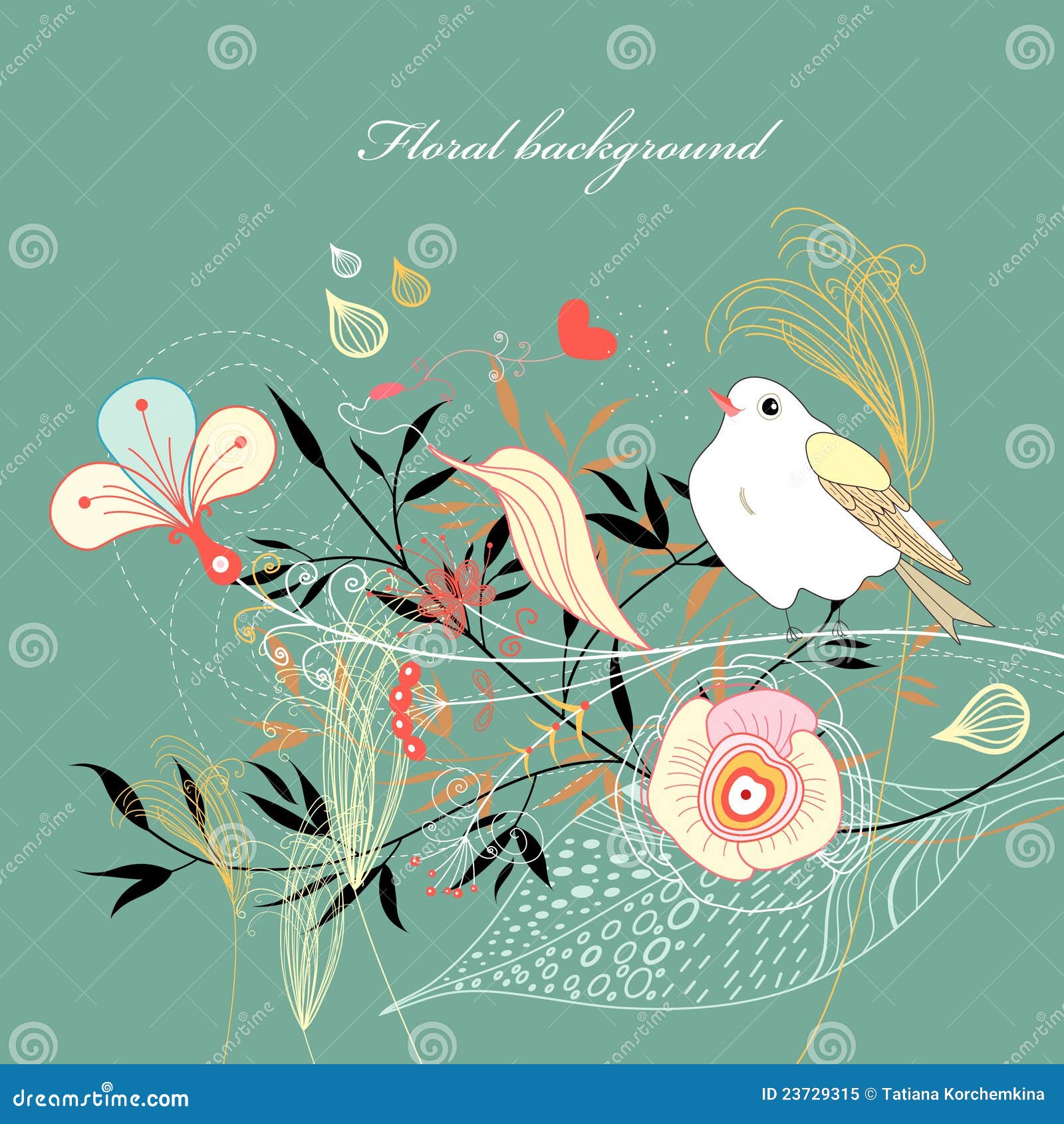Floral Background With A Bird Stock Vector - Illustration of green ...