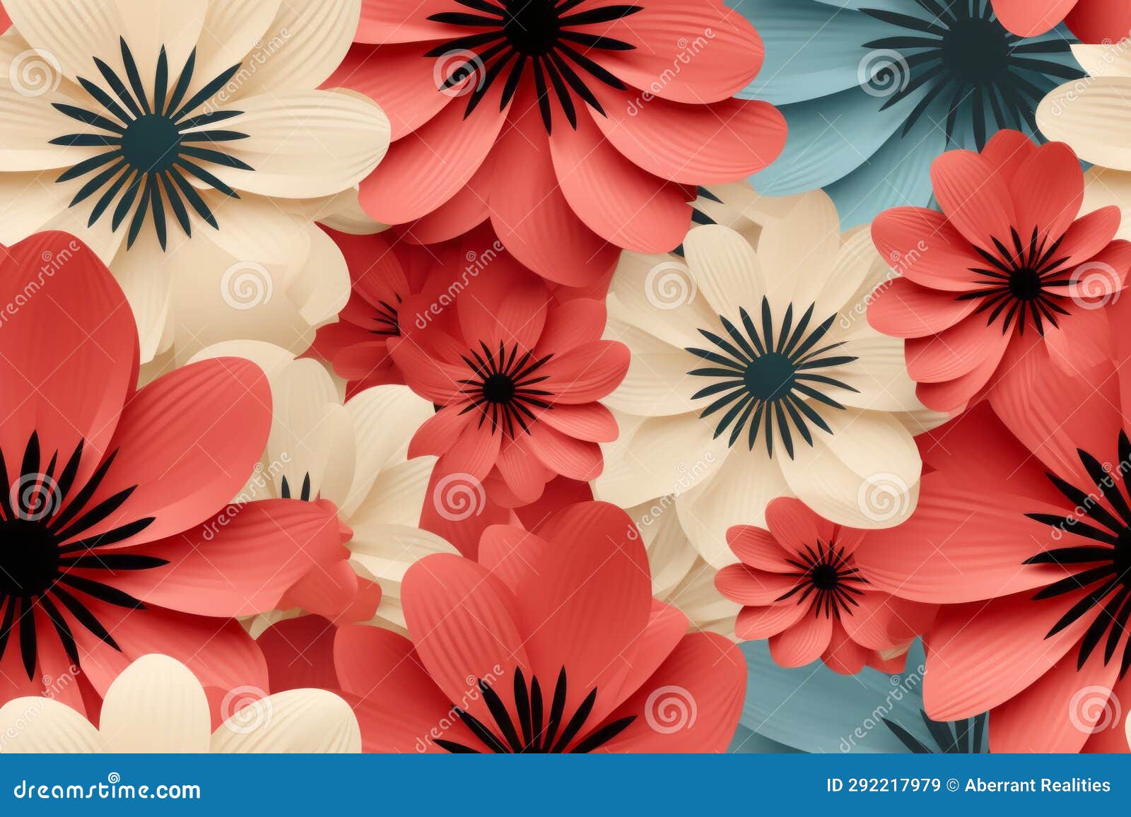 Floral Background with Red Blue and Beige Flowers Stock Illustration ...