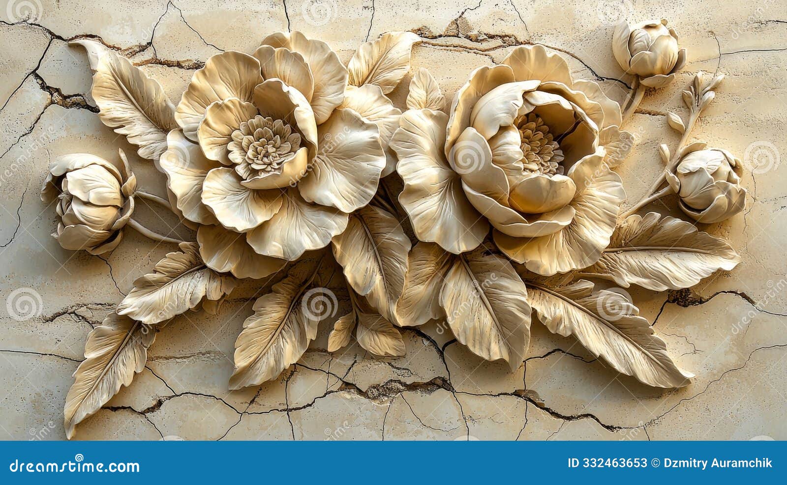 Floral Bas-relief on Crackled Wall Texture. Stock Image - Image of ...