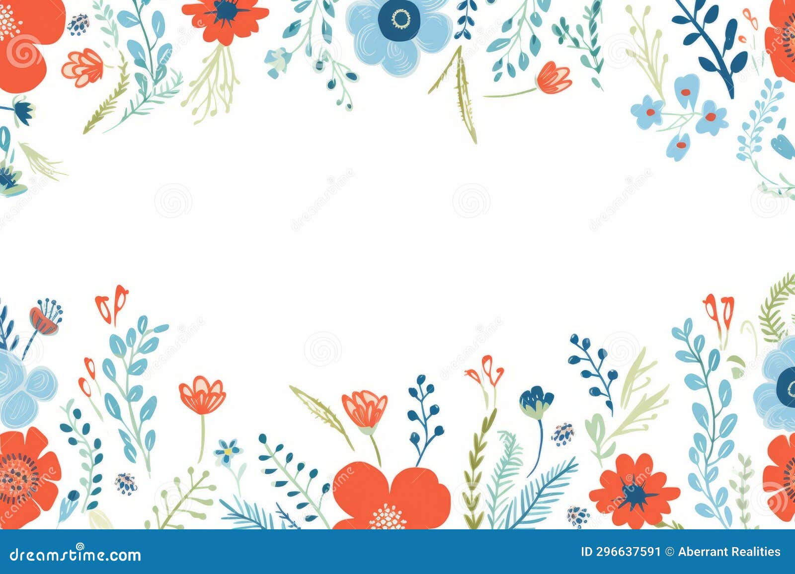 Floral Border with Blue and Orange Flowers on a White Background Stock ...