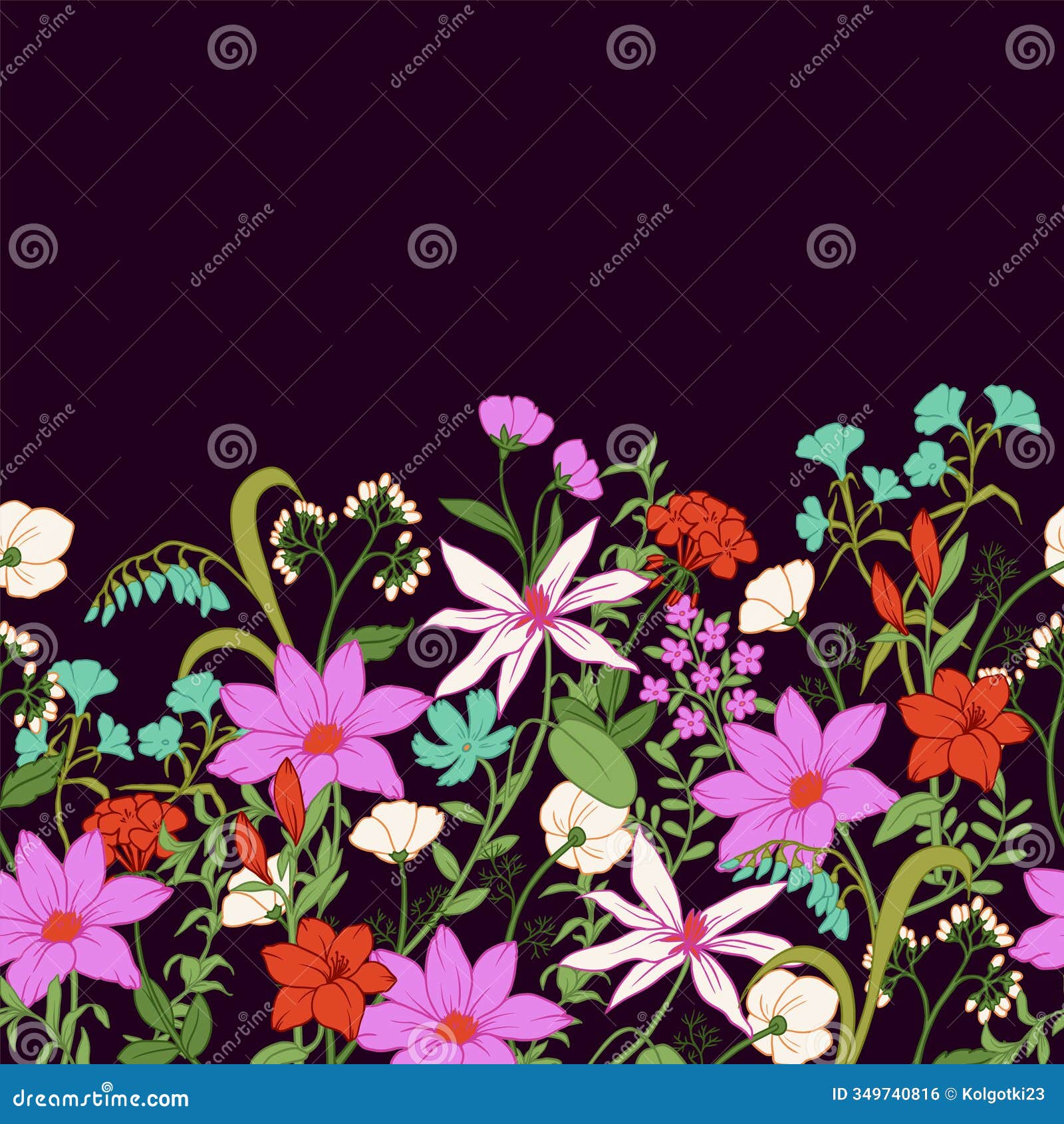 Floral Border with Graphic Wild Flowers. Vector. Stock Vector ...