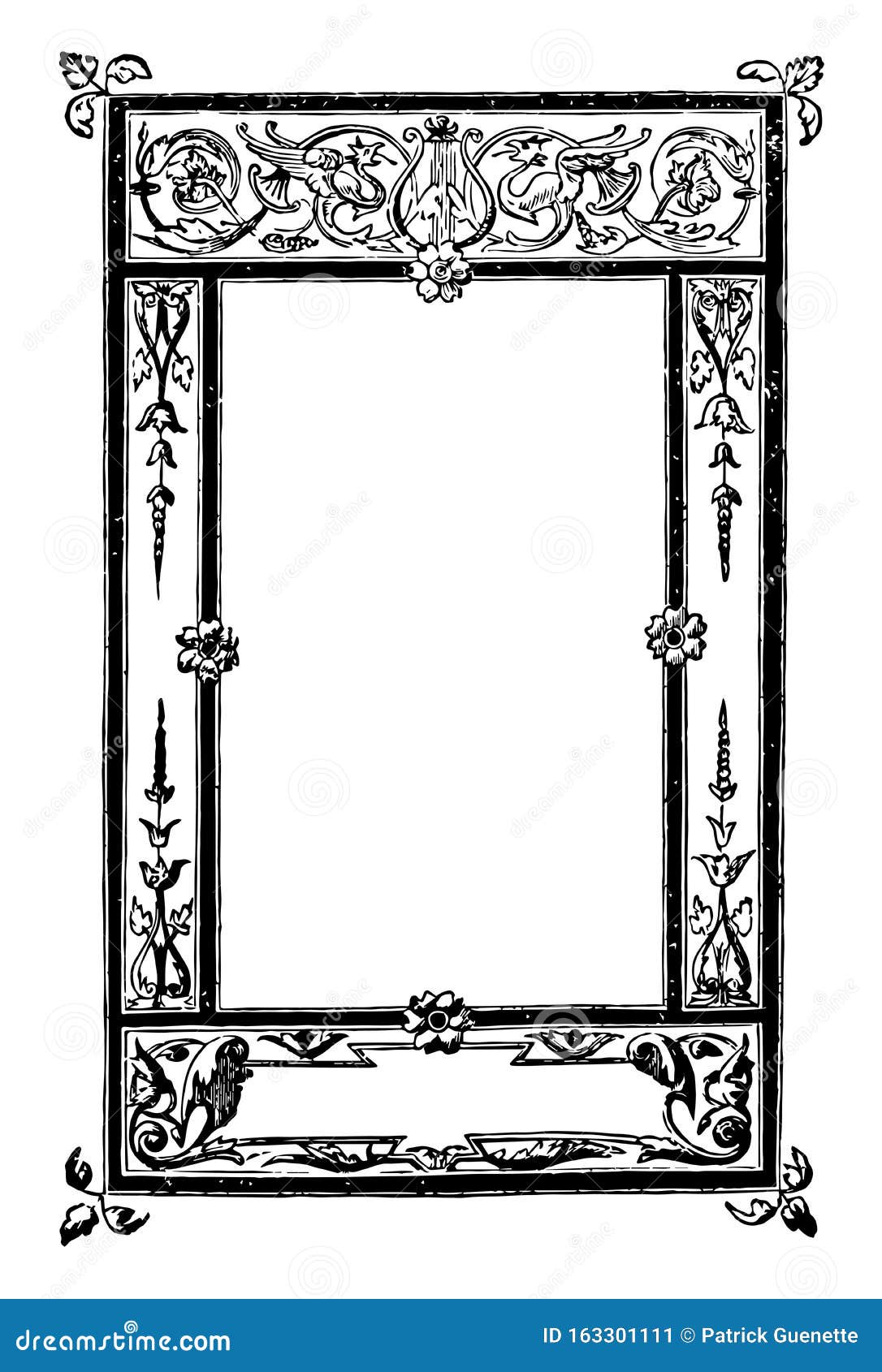 Floral Border Have Two Devil Top of the Pattern, Vintage Engraving ...