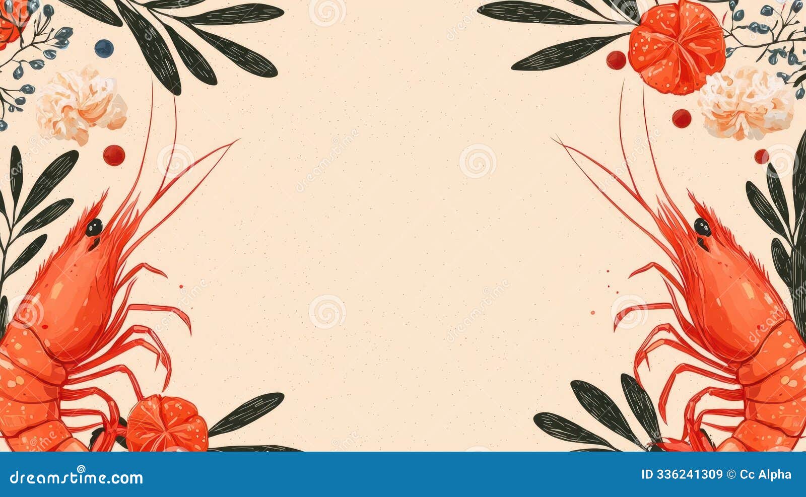 Floral Border with Shrimp Illustration on Beige Background Stock ...