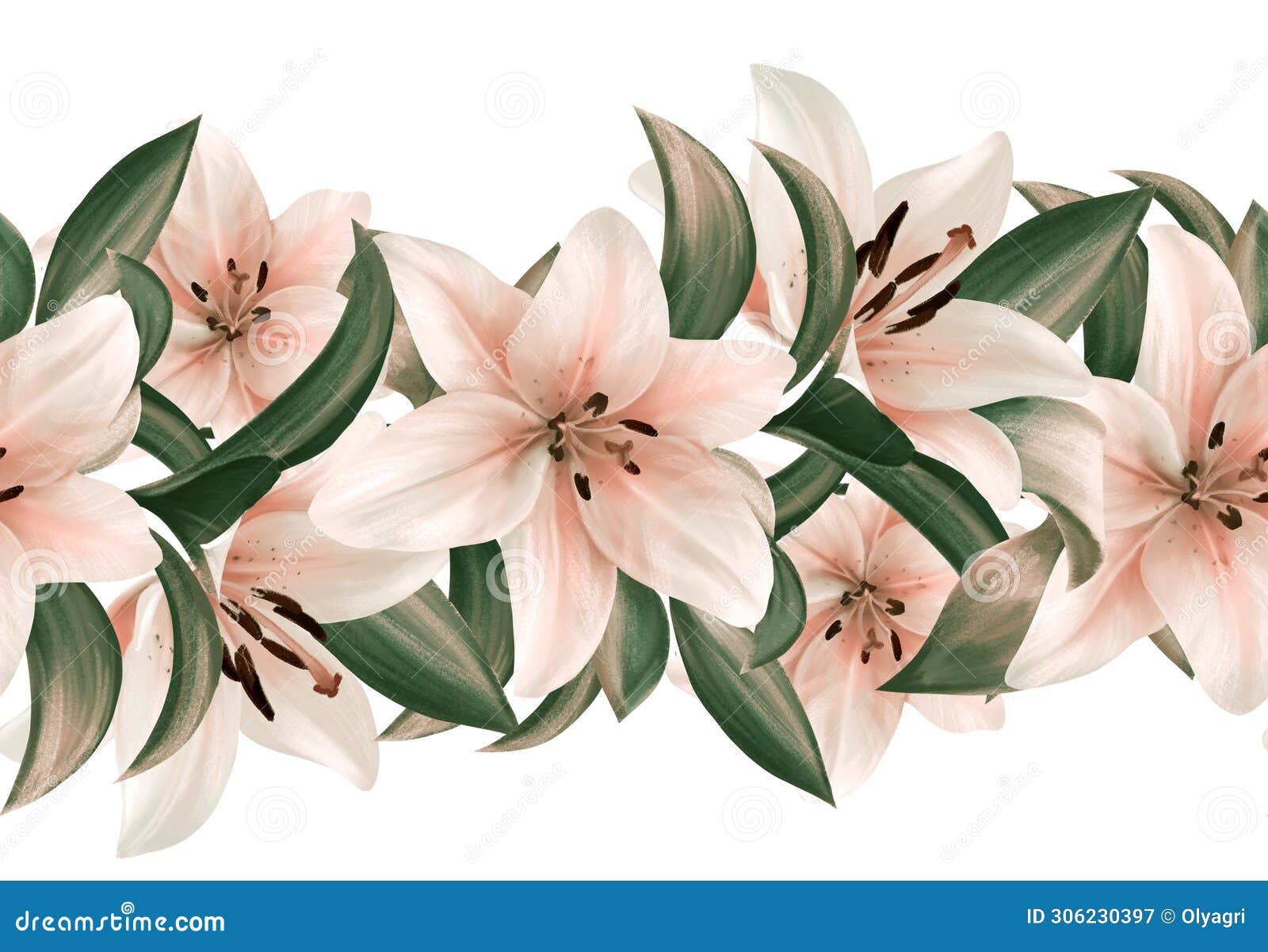 Floral Border. White Lily Flowers Seamless Pattern Stock Image - Image ...