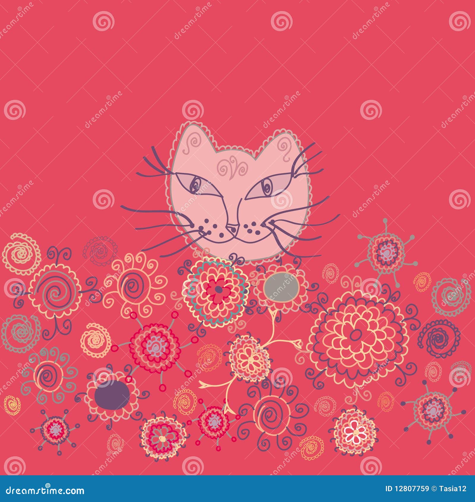 Floral card with cat stock vector. Illustration of decorative - 12807759