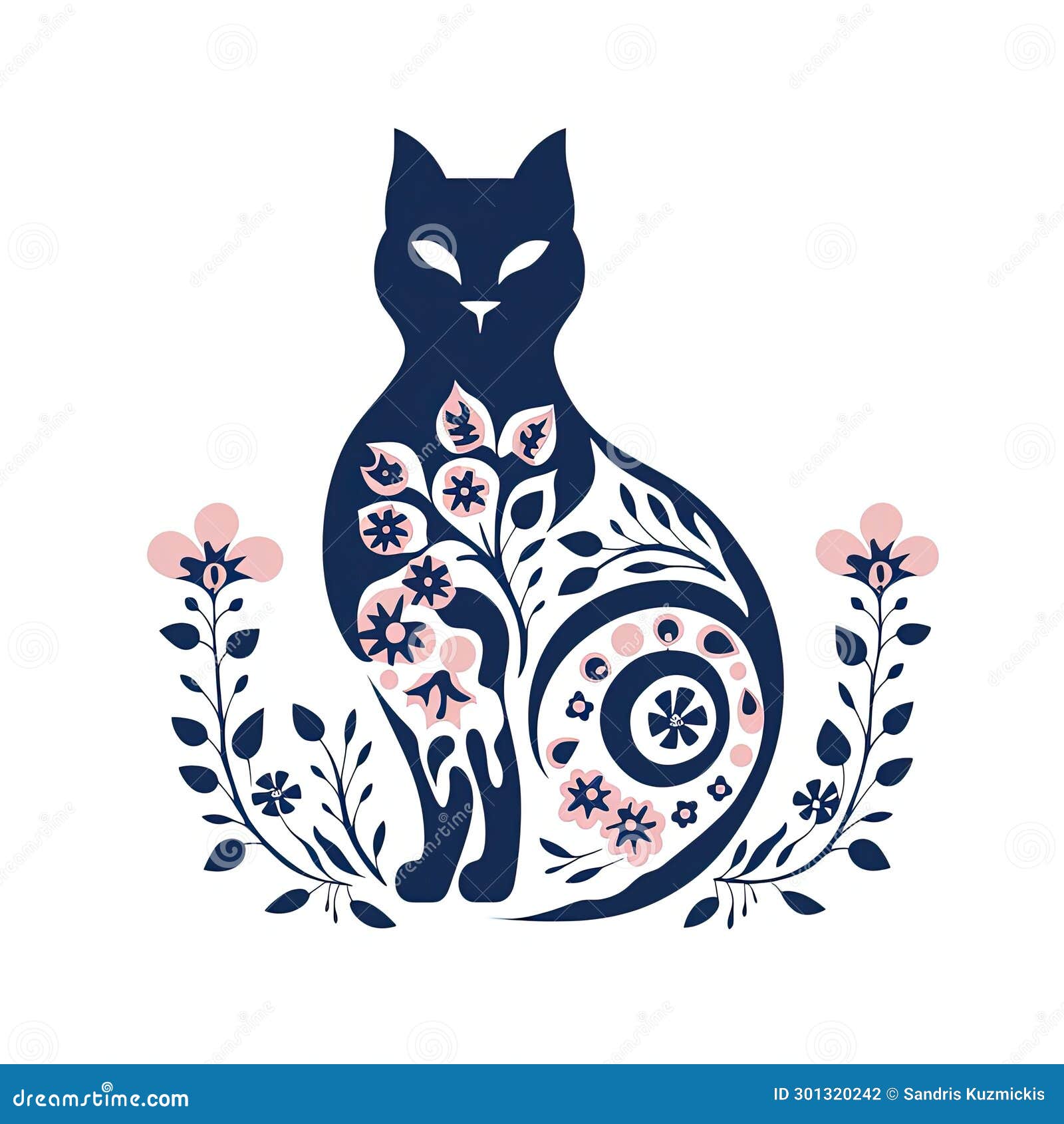 Floral Cat Silhouette on the White Background. Generative AI Stock ...