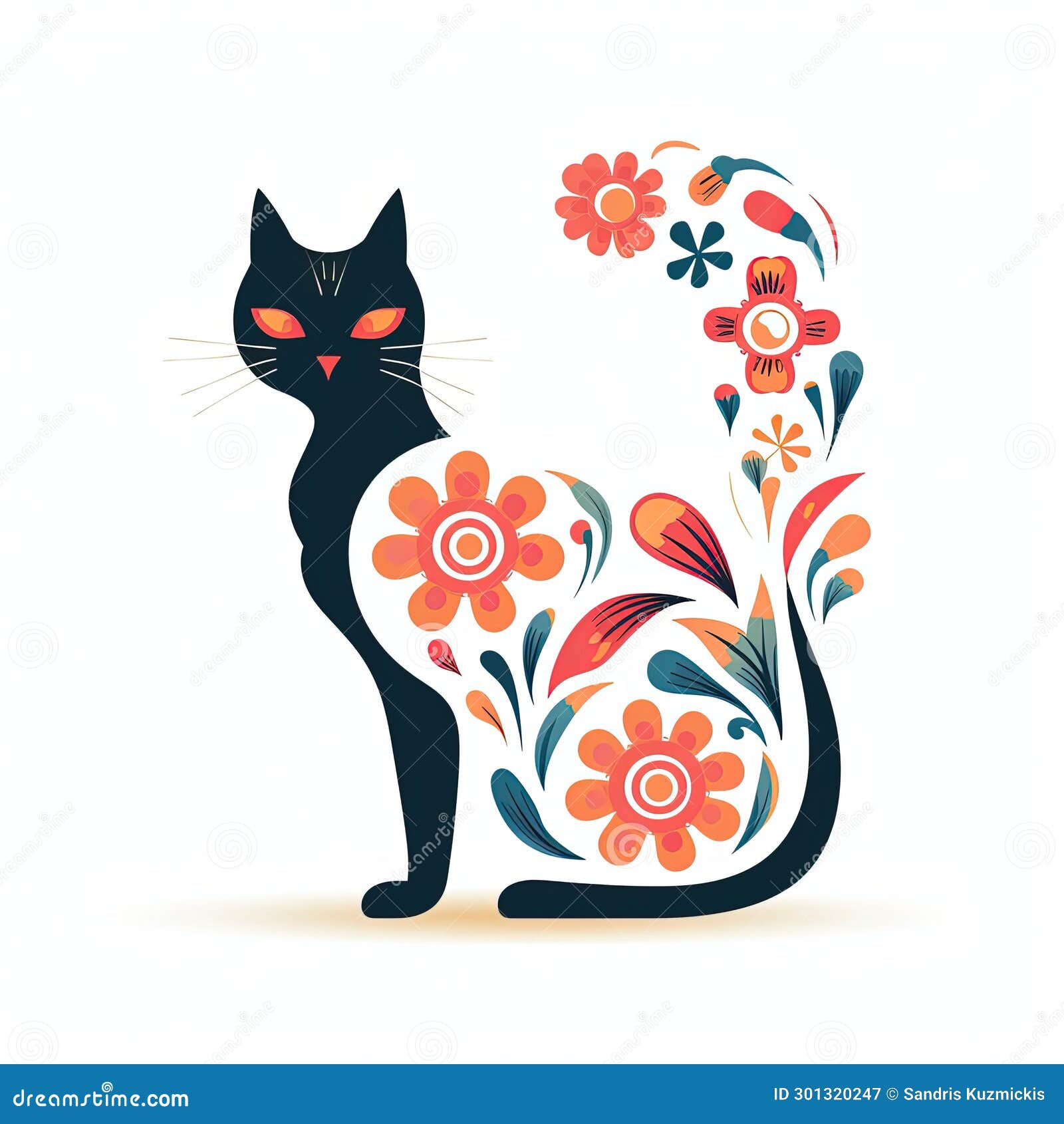 Floral Cat Silhouette on the White Background. Generative AI Stock ...