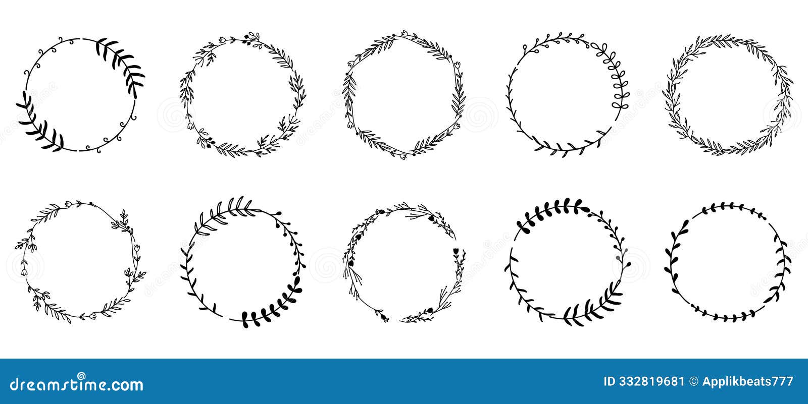 Floral Circle Frame Collection. Set of Black Floral Branch Circle Frame ...