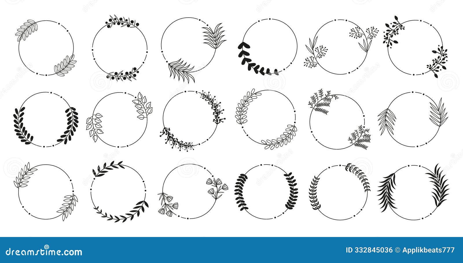 Floral Circle Frame Collection. Set of Black Floral Branch Circle Frame ...