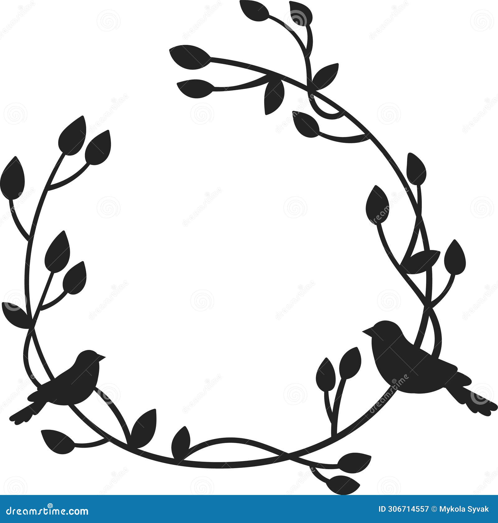 Floral Circle Frame Silhouette with Birds Stock Vector - Illustration ...