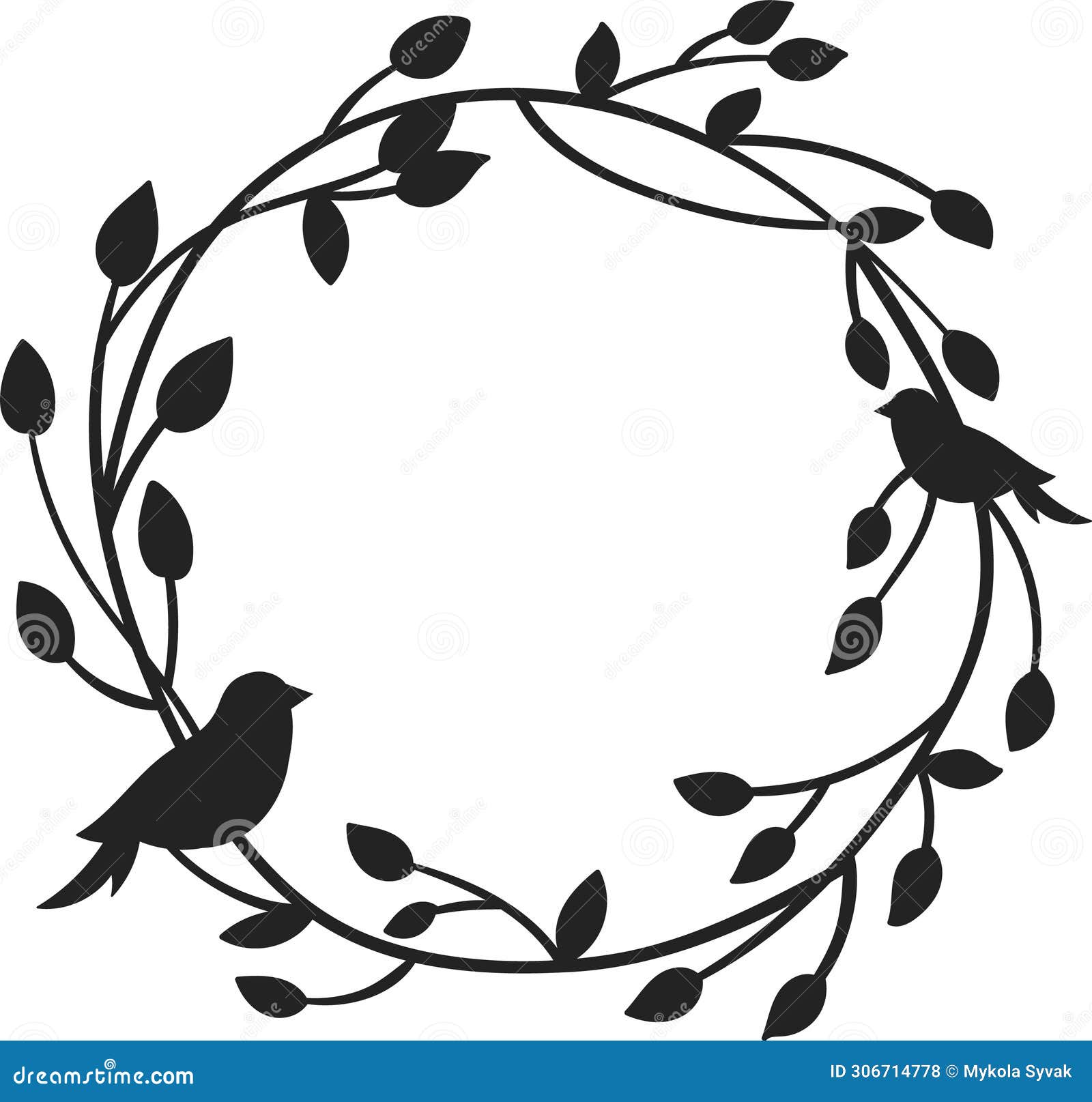 Floral Circle Frame Silhouette with Birds Stock Illustration ...
