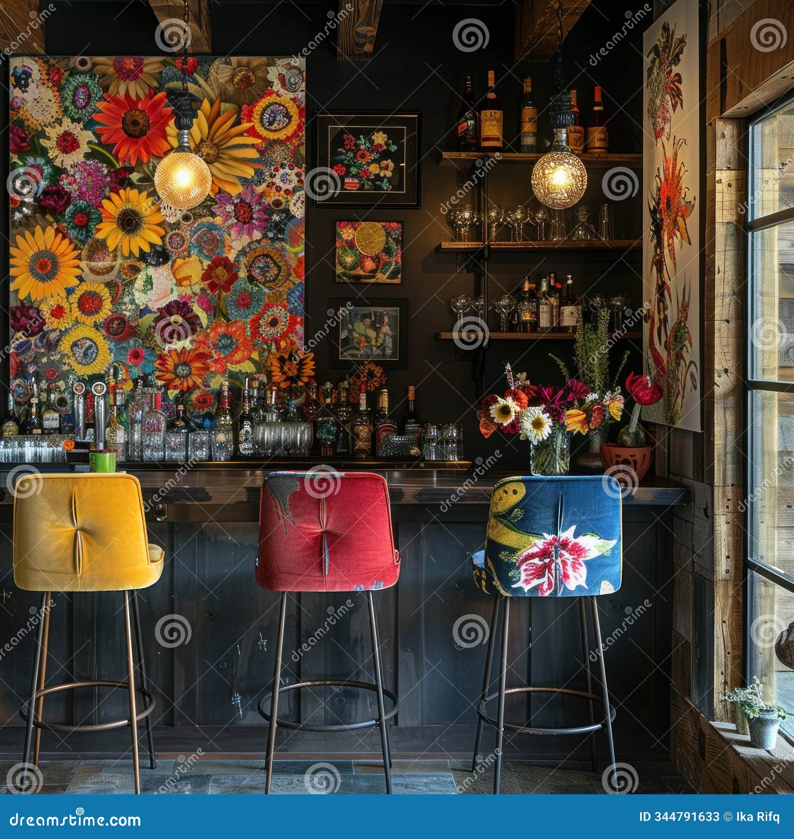 Floral Collage Artwork and Bar Stools Interior Design Stock ...